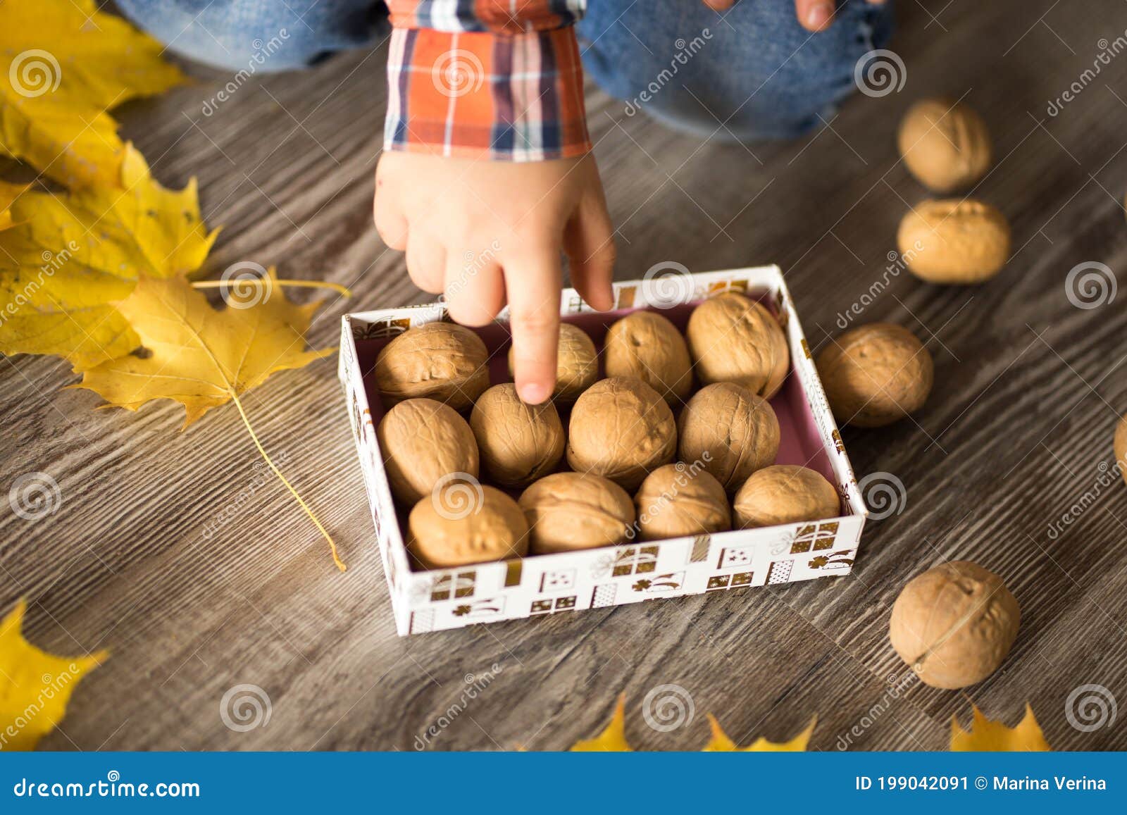Boy Playing with a Box of Walnuts Stock Image - Image of emotional ...
