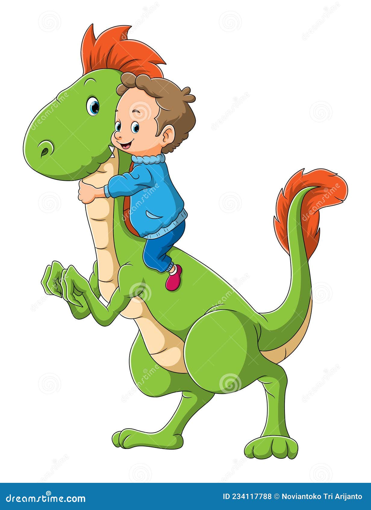 The Boy Is Hugging The Dinosaur Tyrannosaurus Cartoon Vector ...