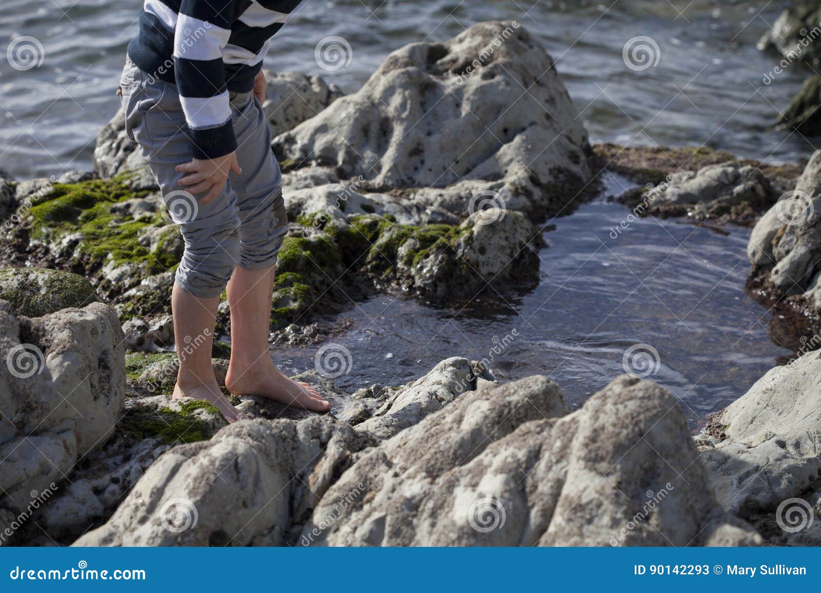 Boy Playing and Exploring in Tidal Pools Near the Ocean Stock Image ...