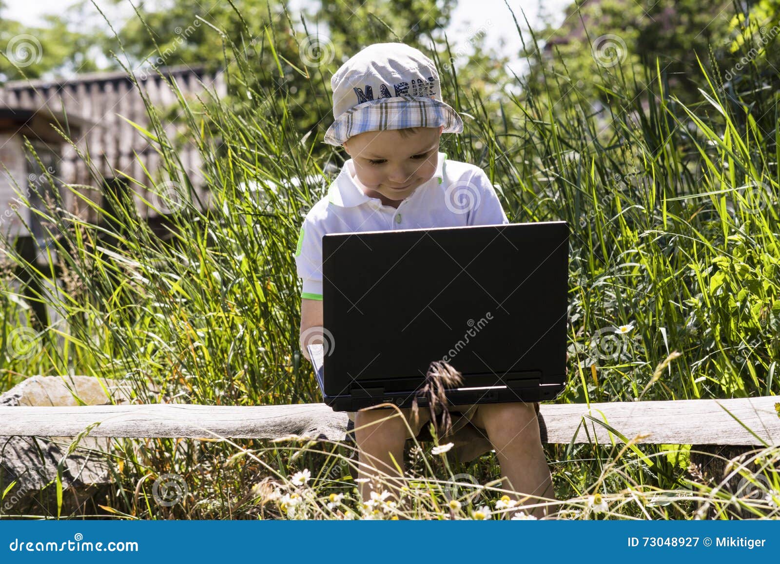 Boy Playing Laptop on the Nature Stock Image - Image of nature, summer ...