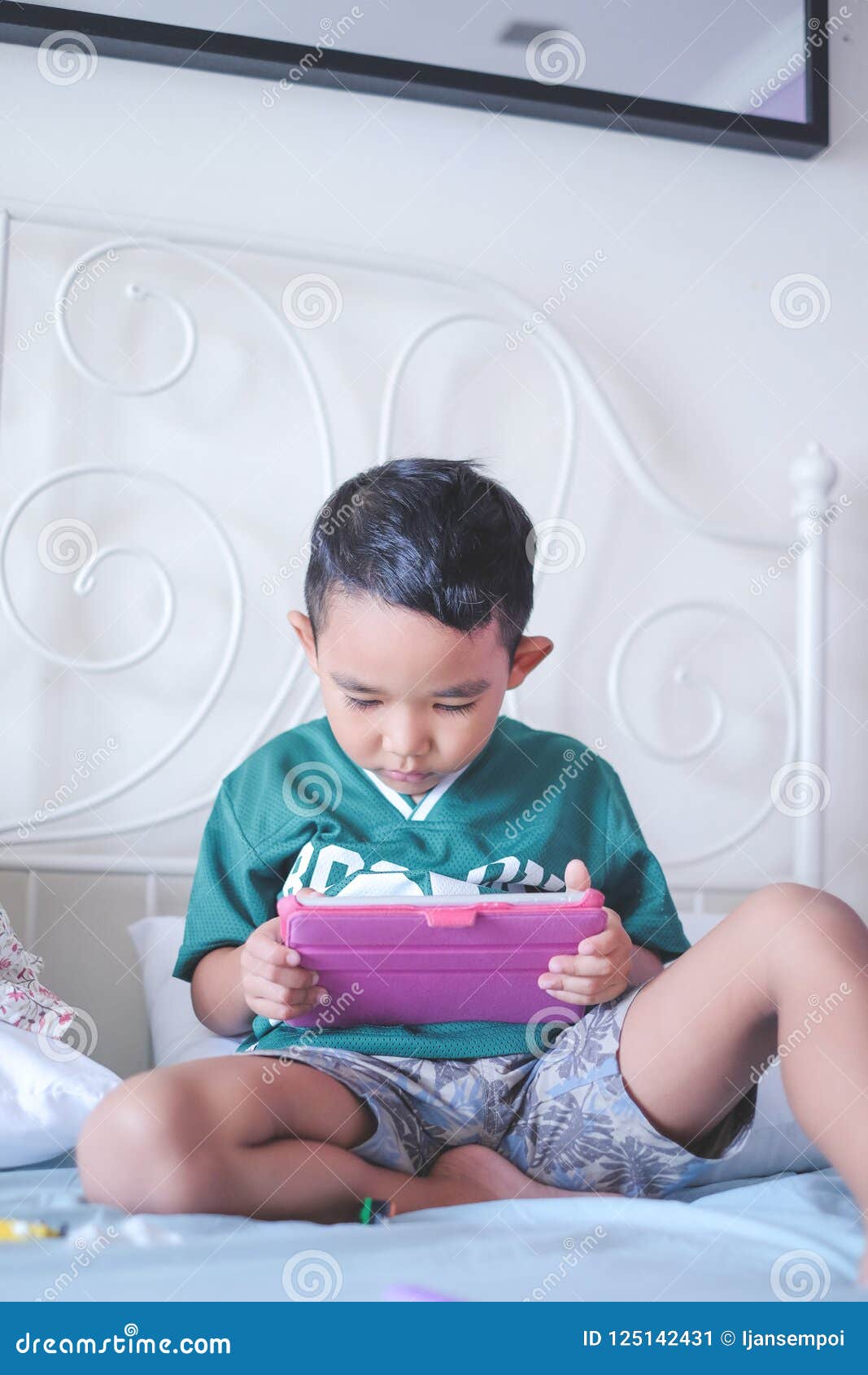 Boy Playing Online Games Using Tablet Stock Image - Image of indoor ...