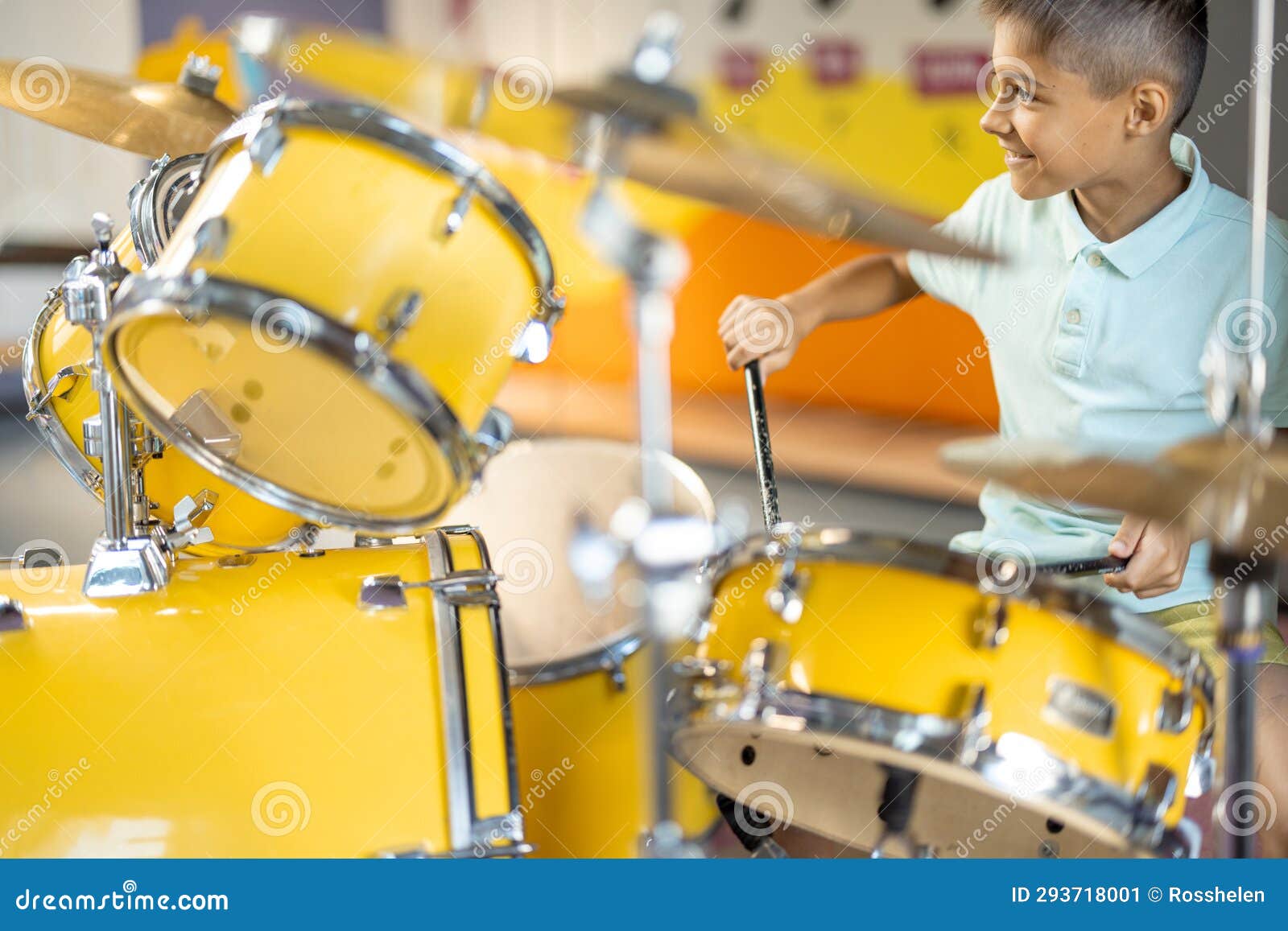 Boy Playing on a Real Drums, Stock Image - Image of drummer, happy: 293718001