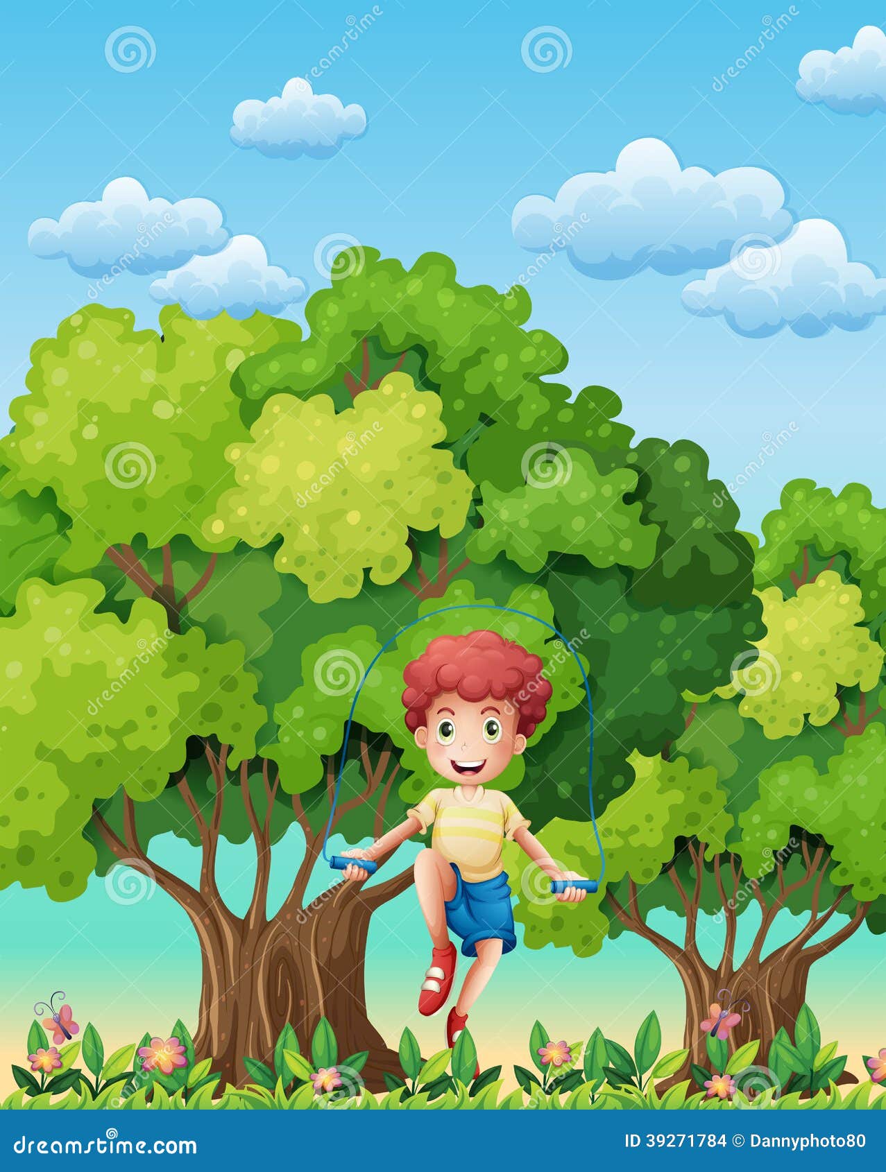A Boy Playing with the Skipping Rope Near the Trees Stock Vector ...