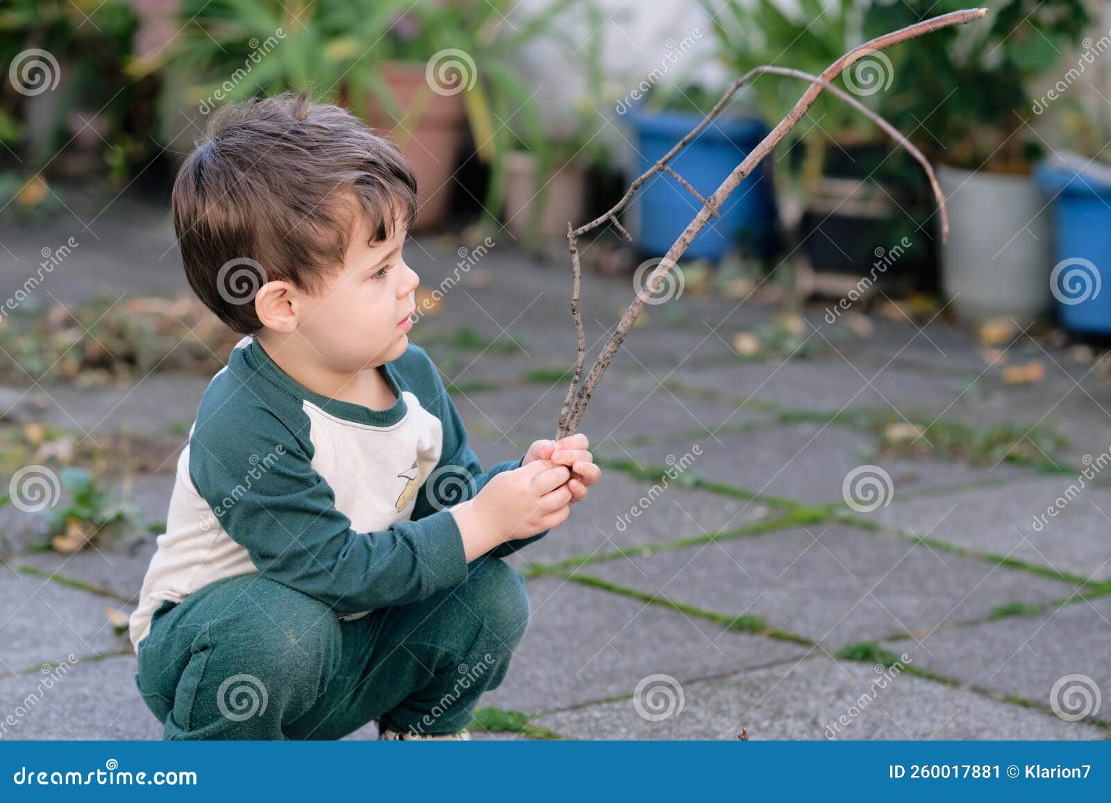 Little Boy Playing with a Twig in the Garden Stock Image - Image of ...