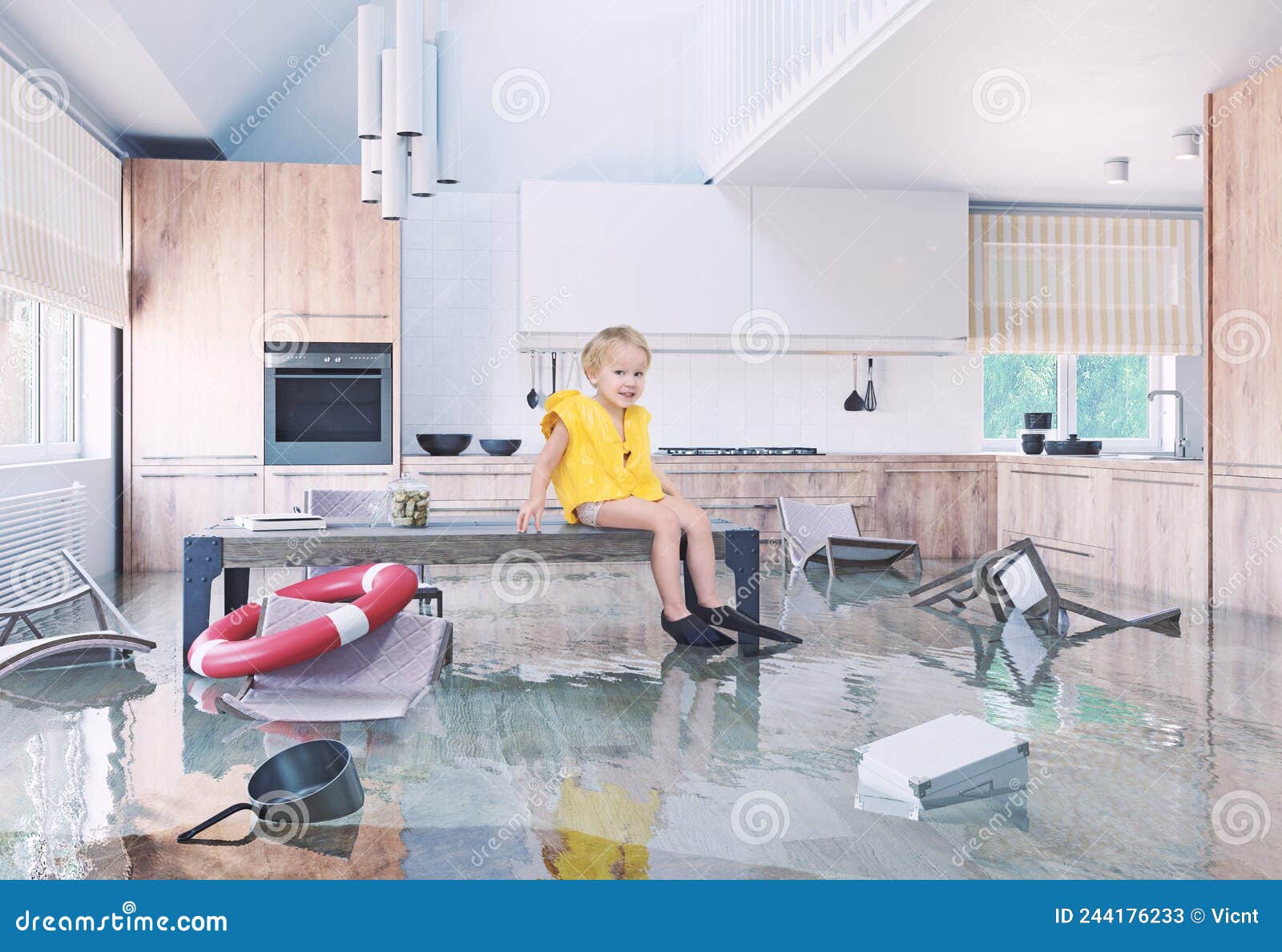 Boy Playing on Table while Flooding in the Kitchen Stock Image - Image ...