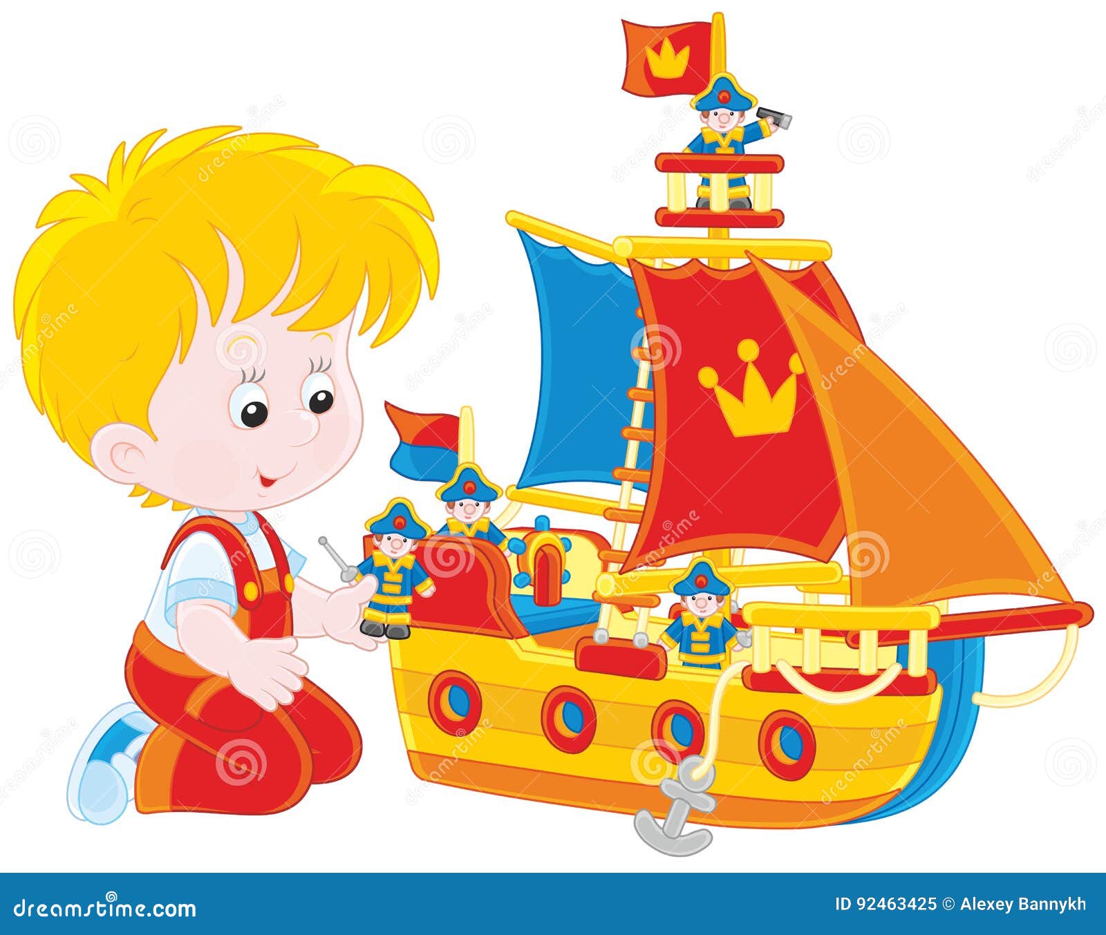 Boy playing a toy ship stock vector. Illustration of game - 92463425
