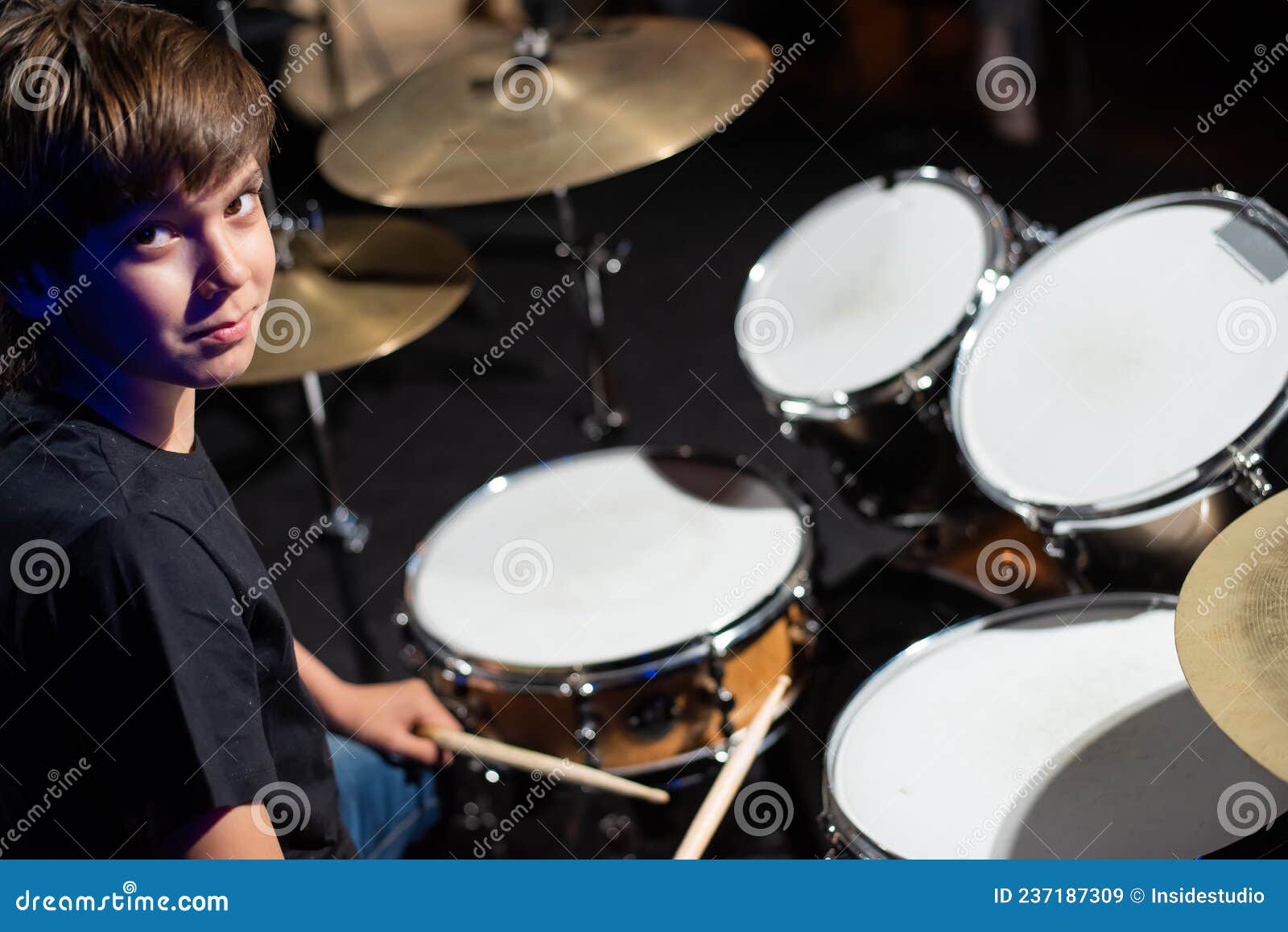 A Boy Plays Drums in a Recording Studio Stock Image - Image of drums ...