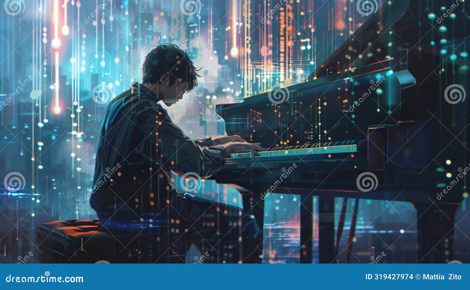 The Boy Plays the Piano in Virtual Reality Stock Photo - Image of ...
