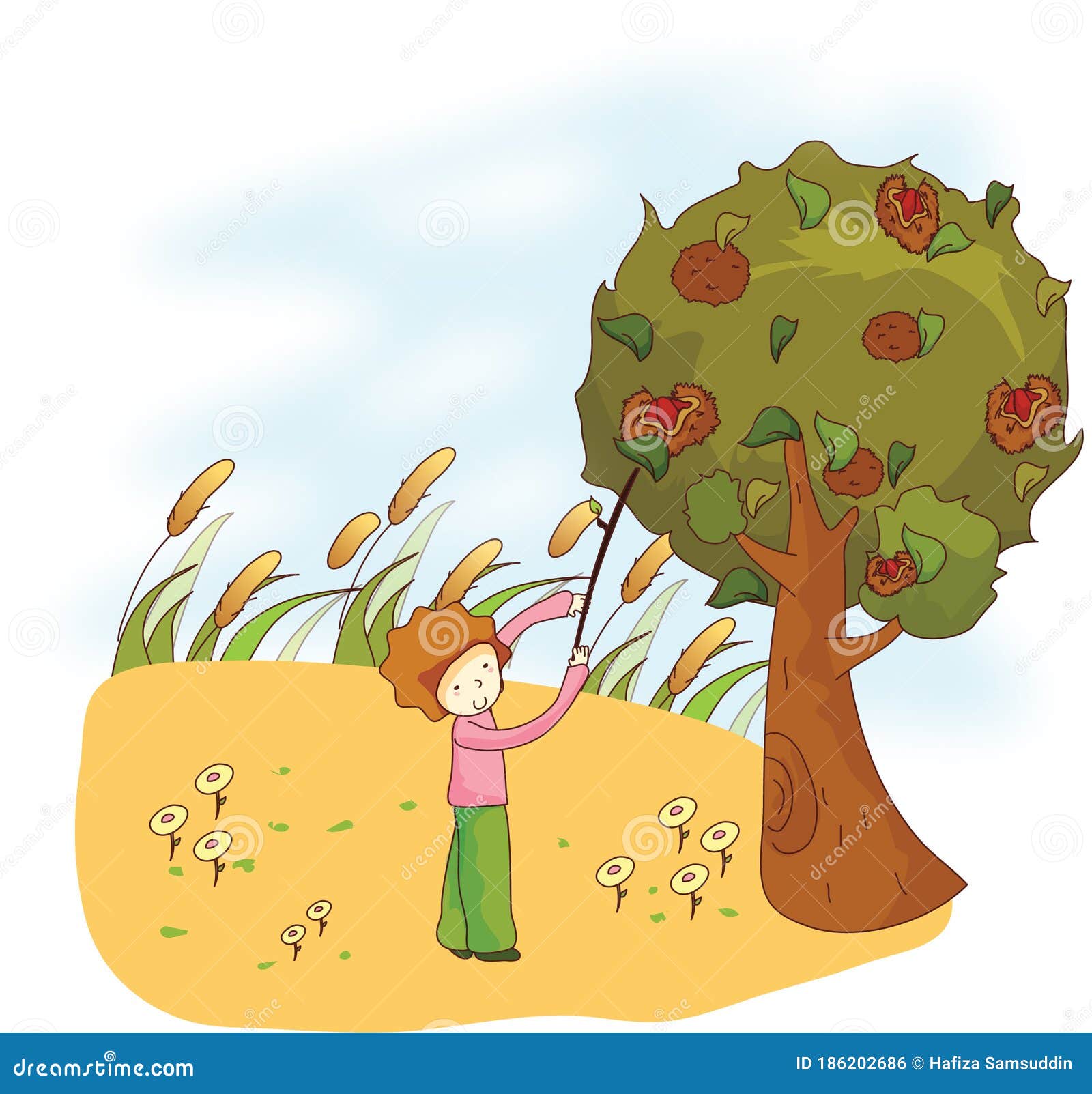 Boy Plucking Fruit with Stick. Vector Illustration Decorative Design ...