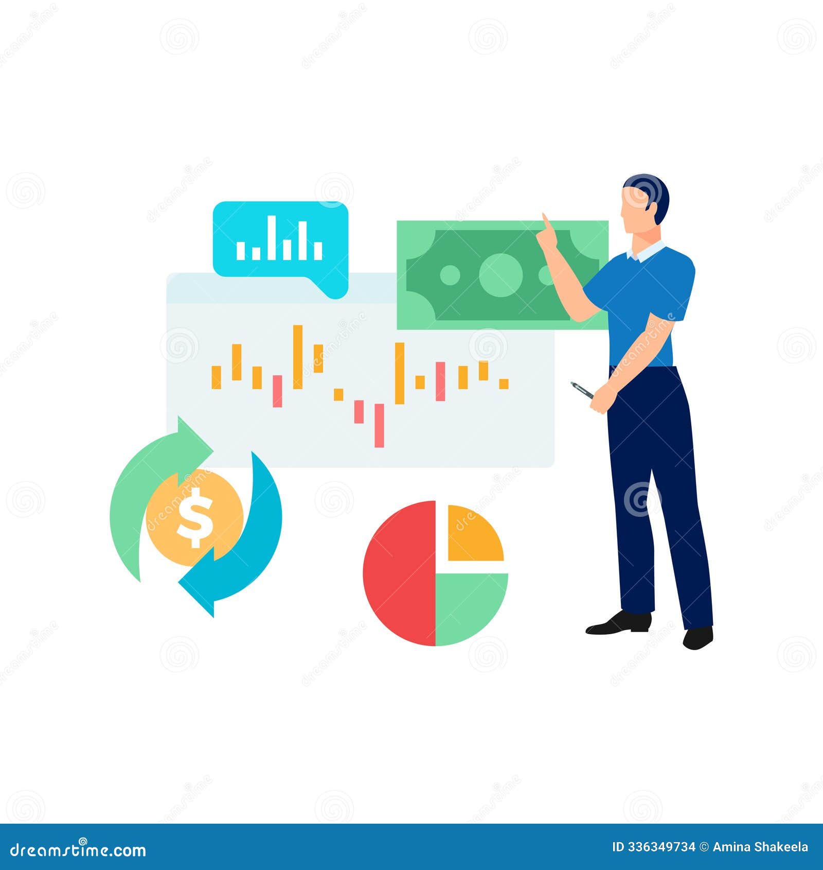 A Boy is Pointing at the Pie Graph Stock Illustration - Illustration of ...