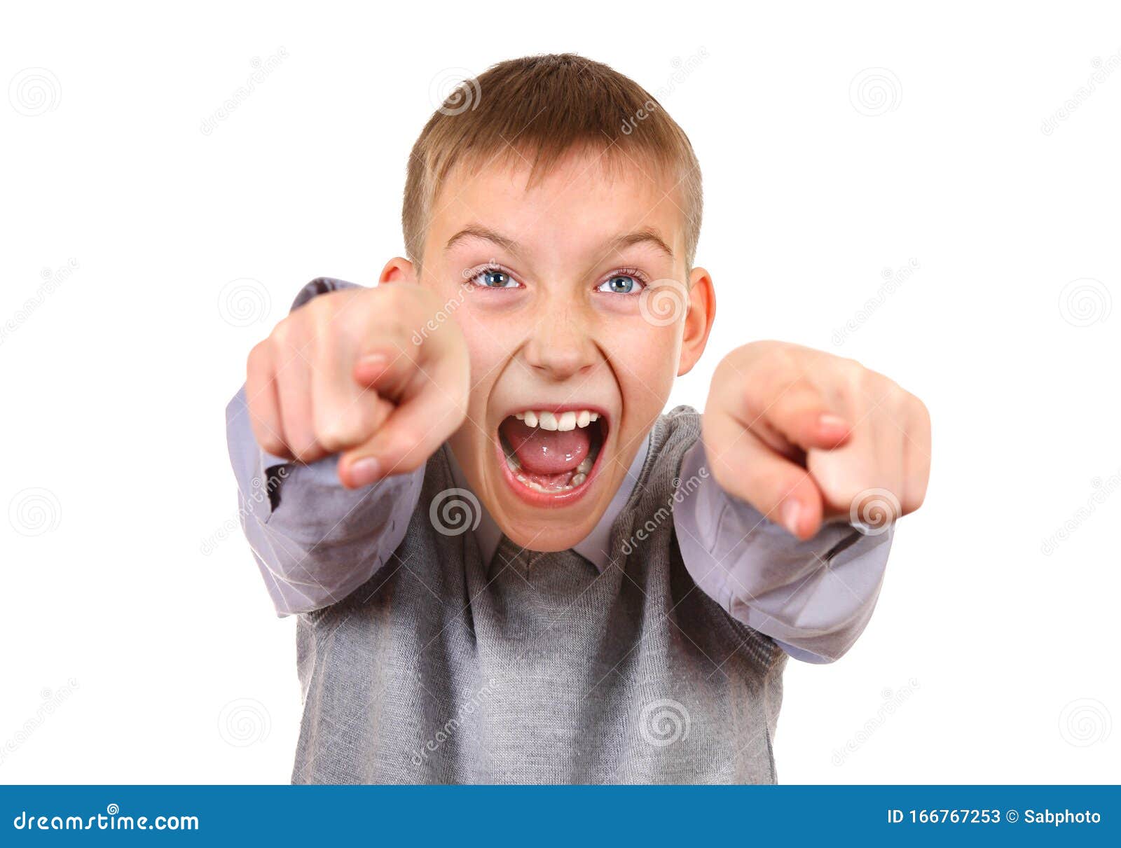 Boy pointing and yelling stock image. Image of face - 166767253