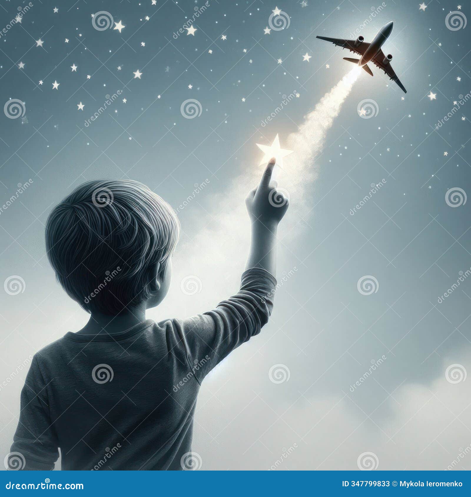 The Boy Points To a Star Flying Towards the Plane. Stock Image - Image ...