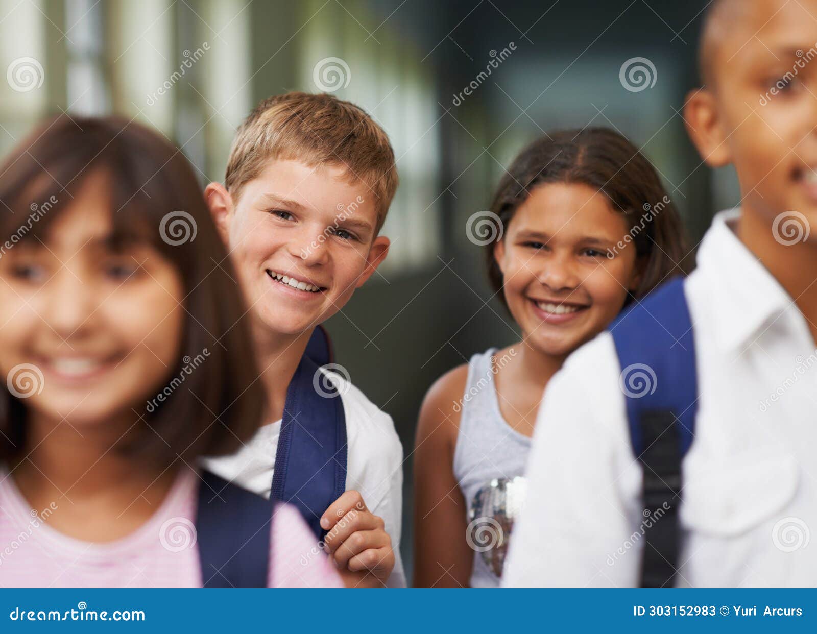 Boy, Portrait and Friends in Corridor or Happy with Backpack or Pride ...