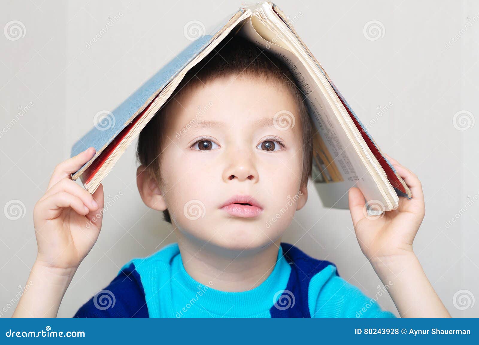 Boy Portrait Looking Forward with Book Roof Stock Photo - Image of ...