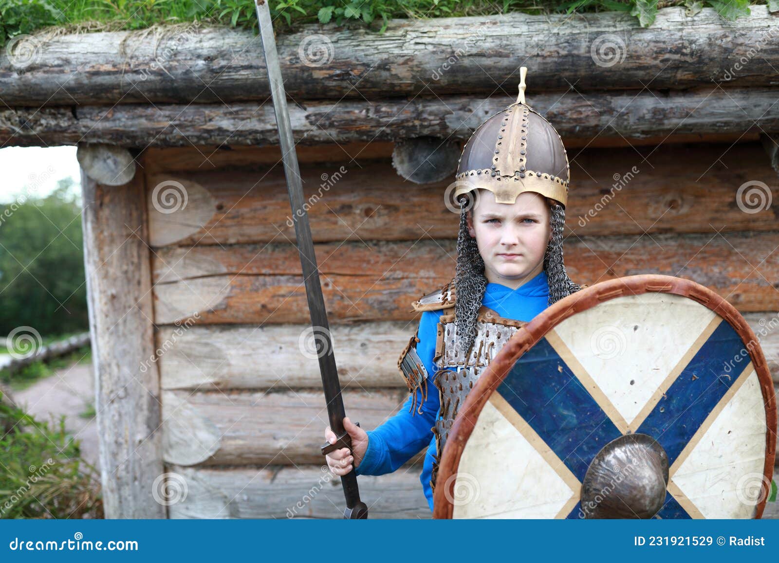 Boy Posing in Viking Armor with Shield Stock Image - Image of activity ...