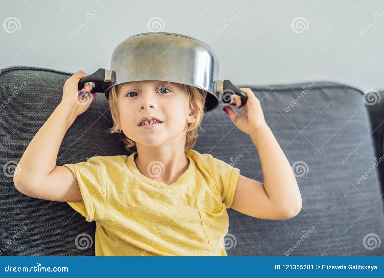 A Boy with a Pot on His Head. Childhood, Cook Stock Image - Image of ...
