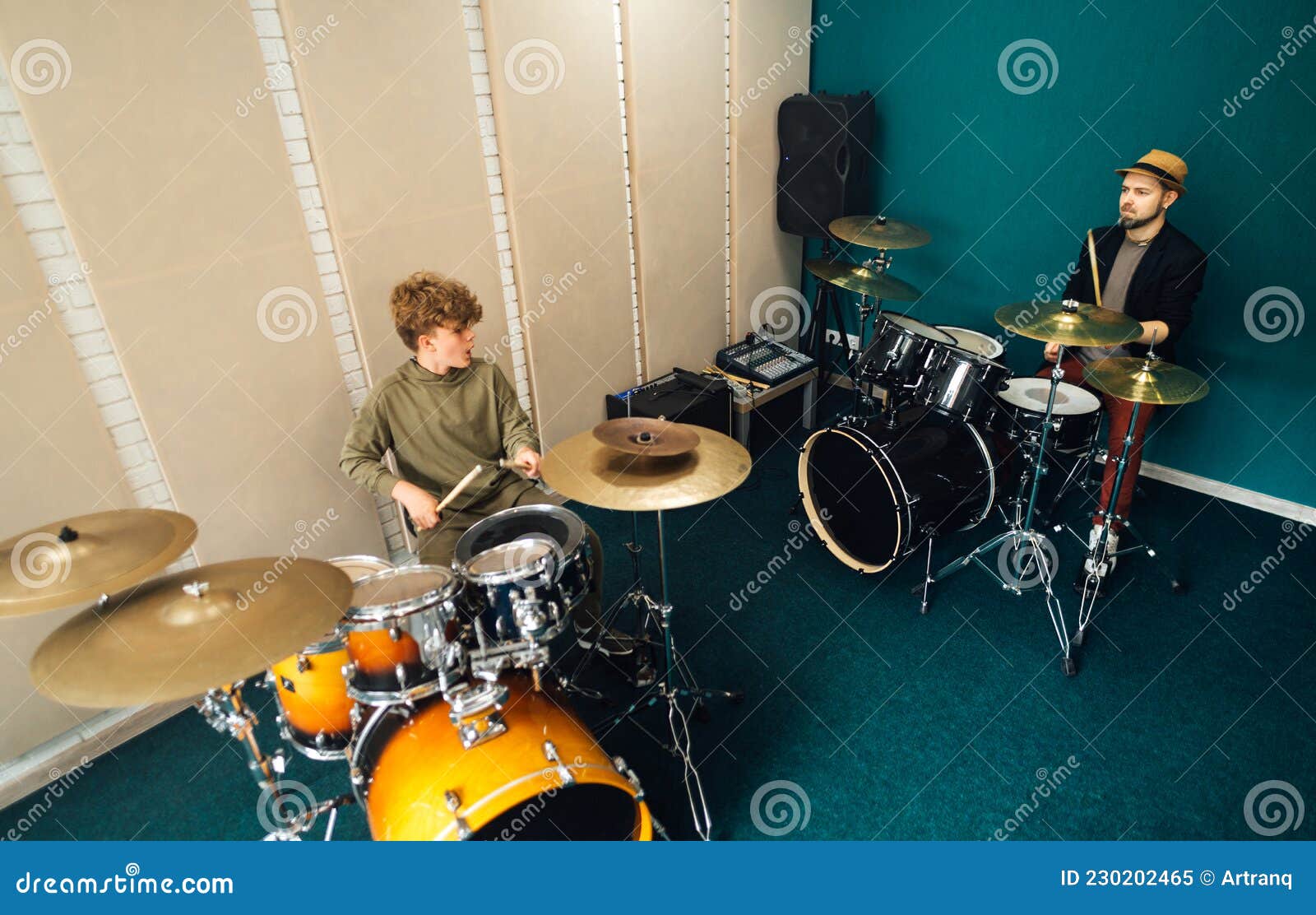 Boy Practicing Drumming. Music Lesson with Teacher Stock Image - Image ...
