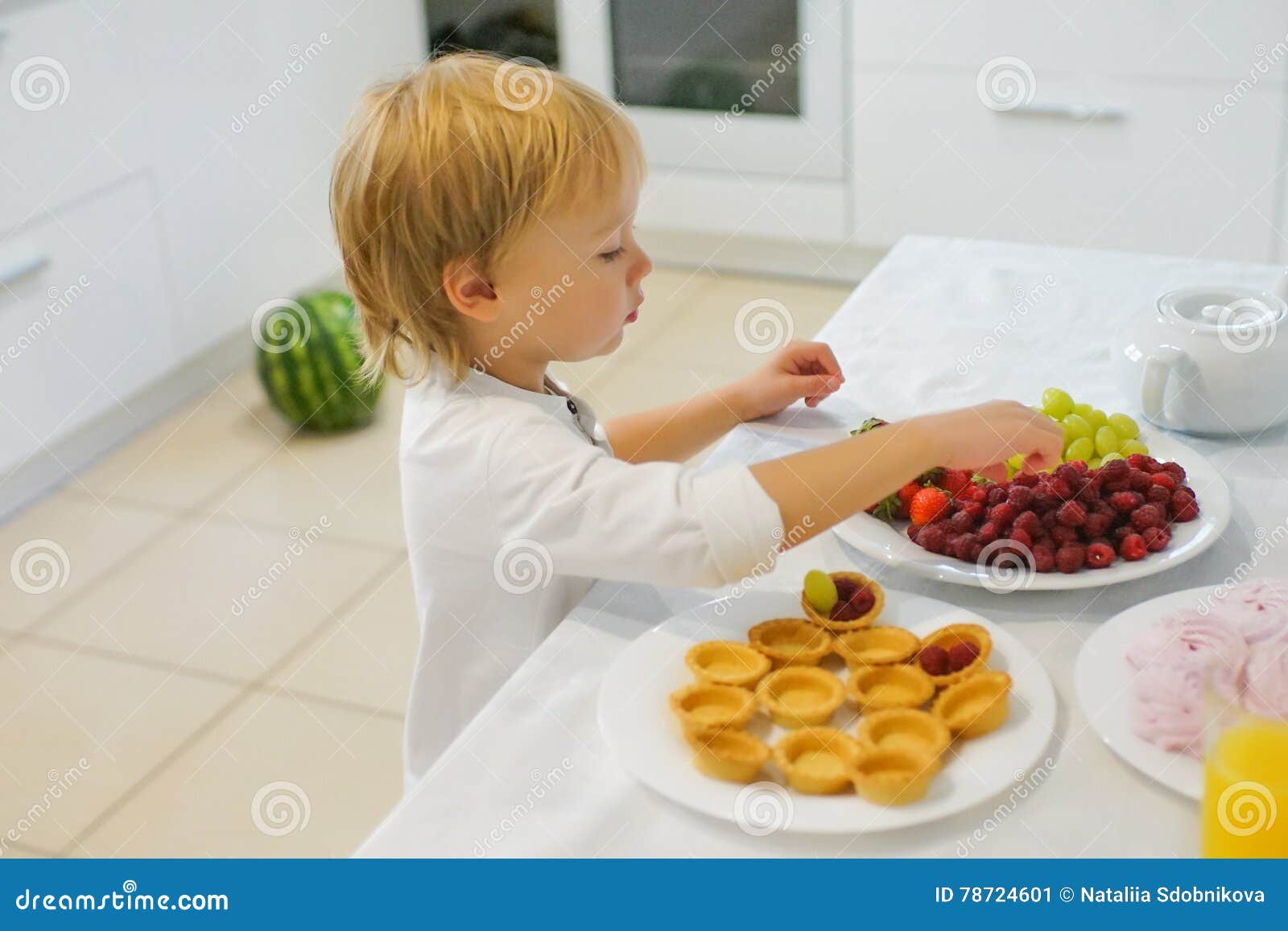 Boy Preparing Breakfast in White Kitchen Stock Image - Image of brother ...