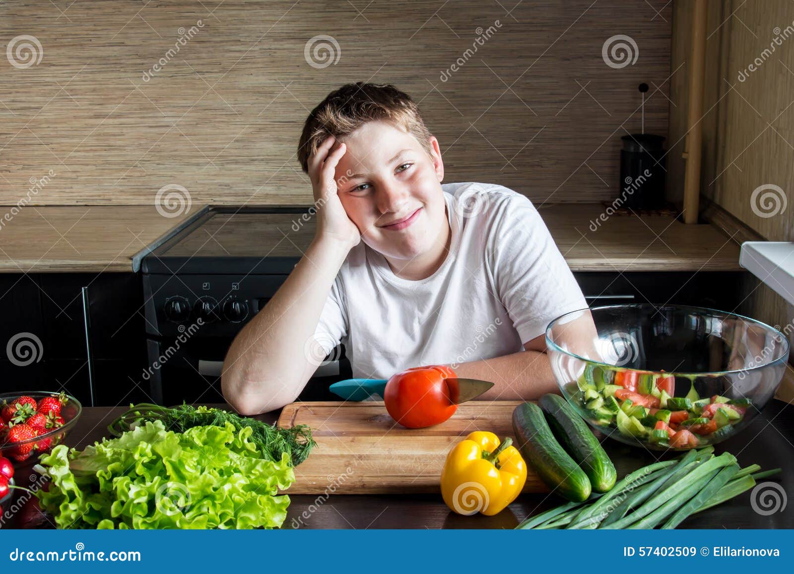 Boy Preparing Salad in the Kitchen. Stock Image - Image of tomatoes ...