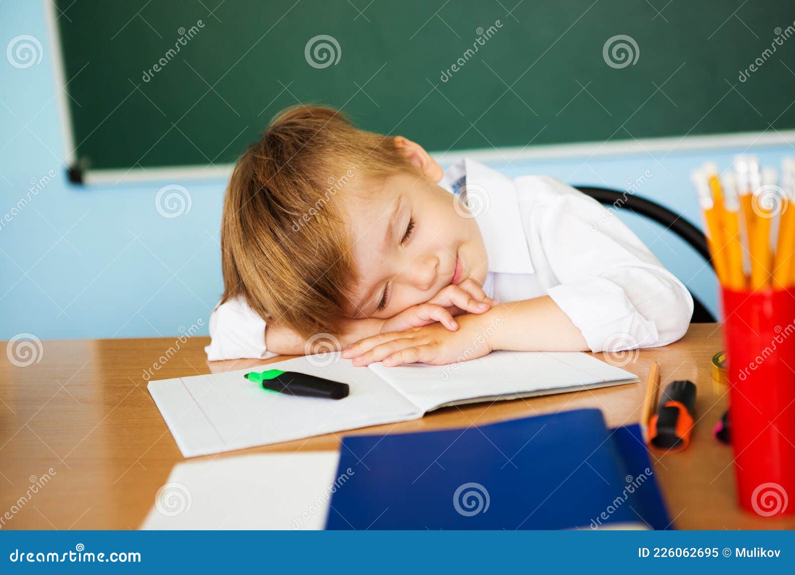 The Boy Primary School Student is Tired and Sleeps at the Desk ...