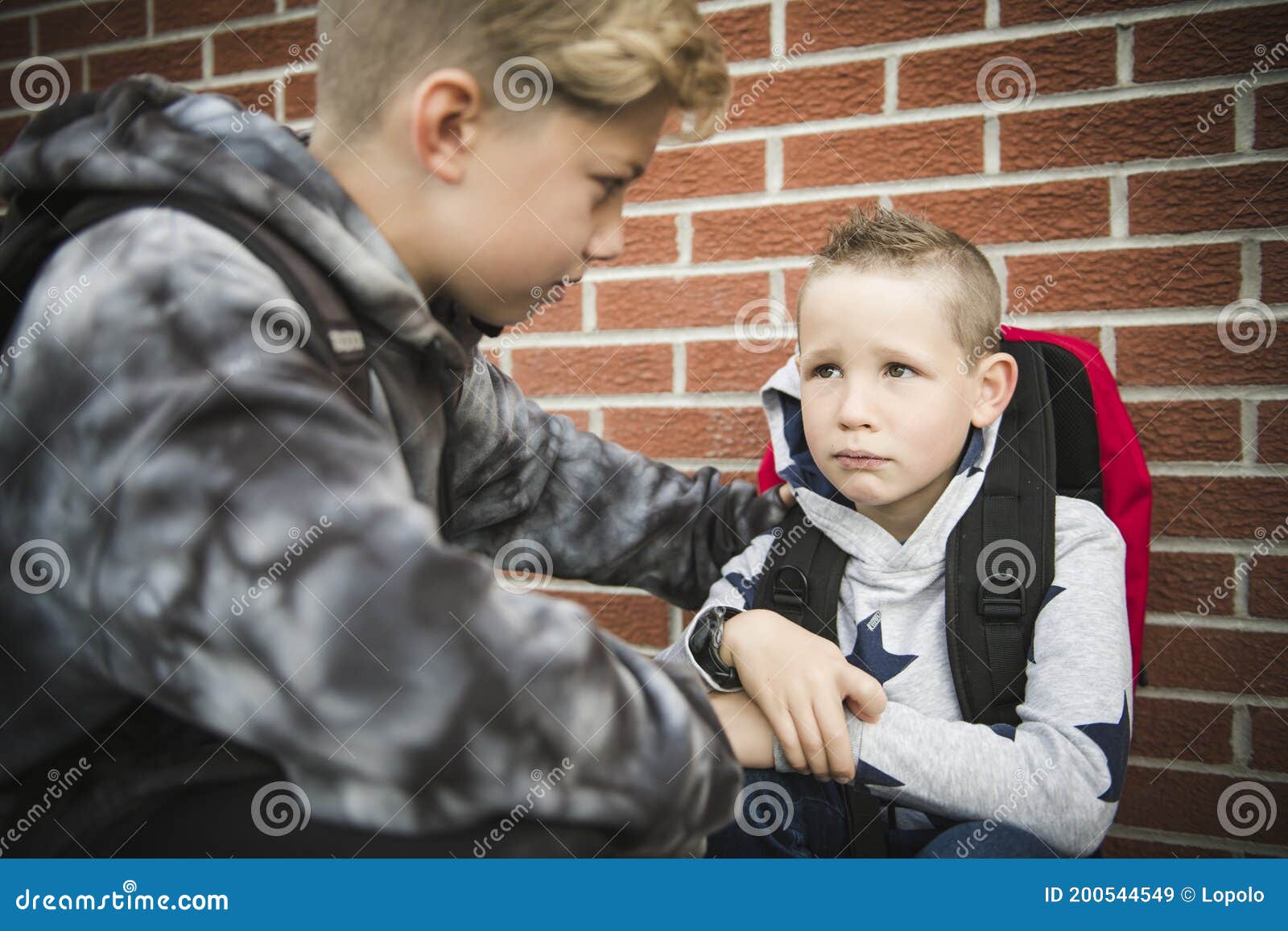 Boy Problem at School, Sitting and Consoling Child Each Other Stock ...