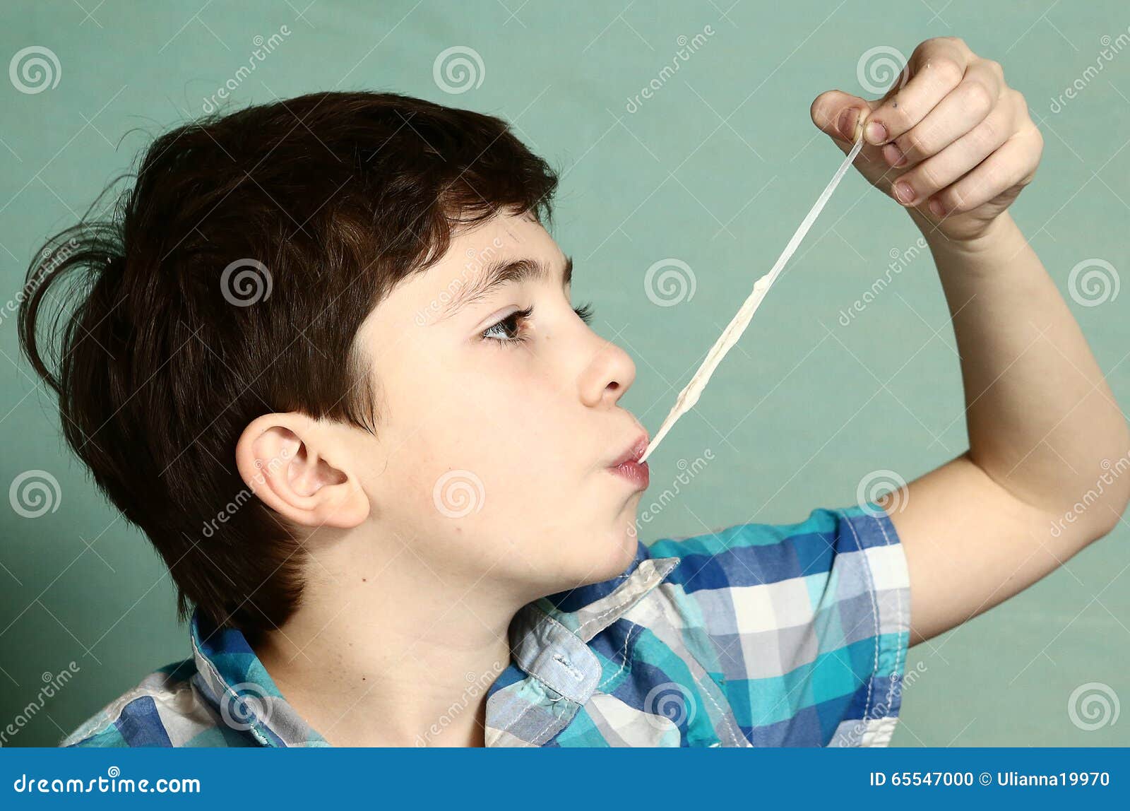 Boy Pull Chewing Gum with His Hand from Moth Stock Photo - Image of ...