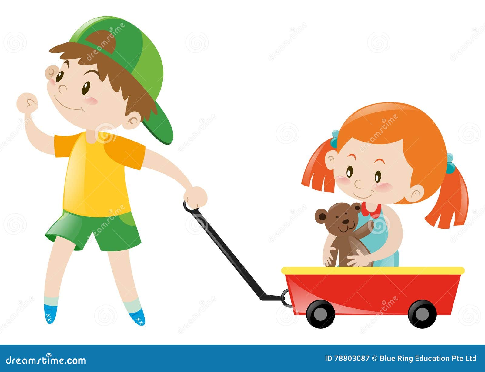Boy Pulling Red Cart with Girl on it Stock Vector - Illustration of ...