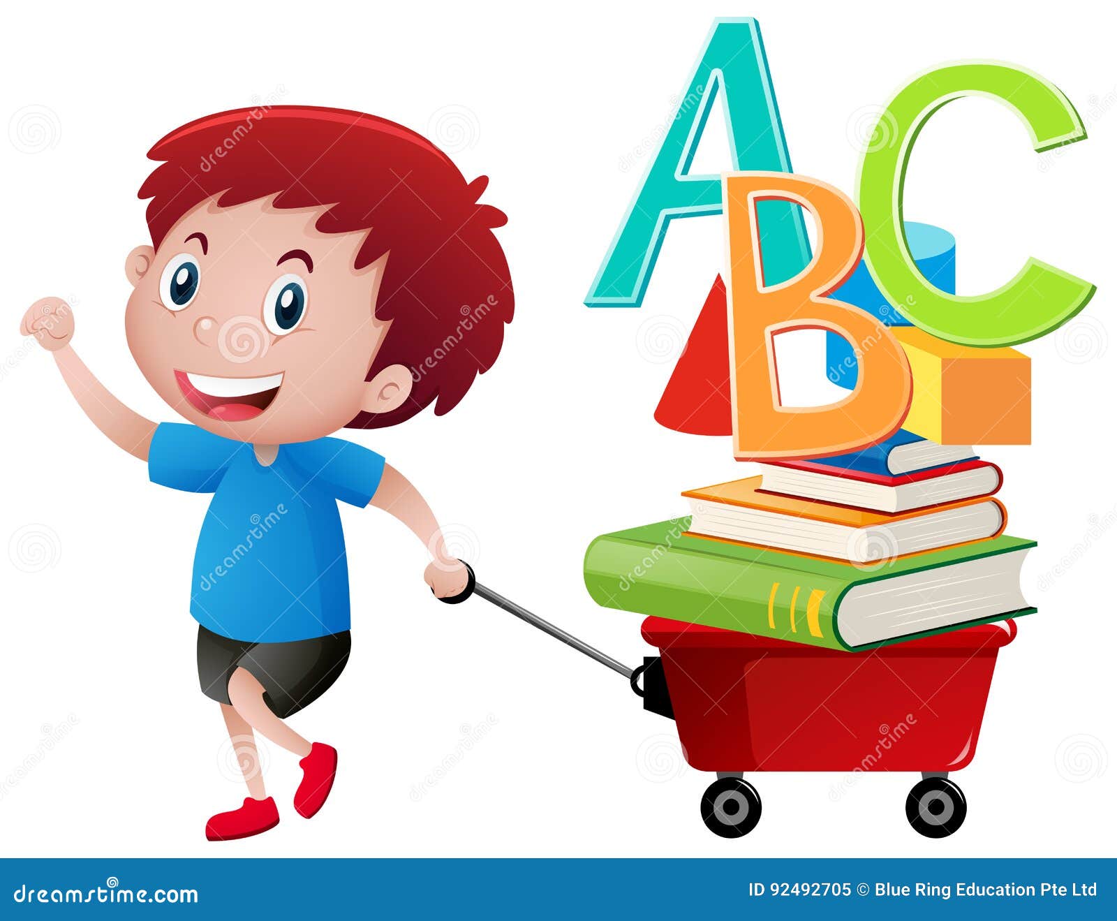 Boy Pulling Wagon with Books and Alphabets Stock Vector - Illustration ...