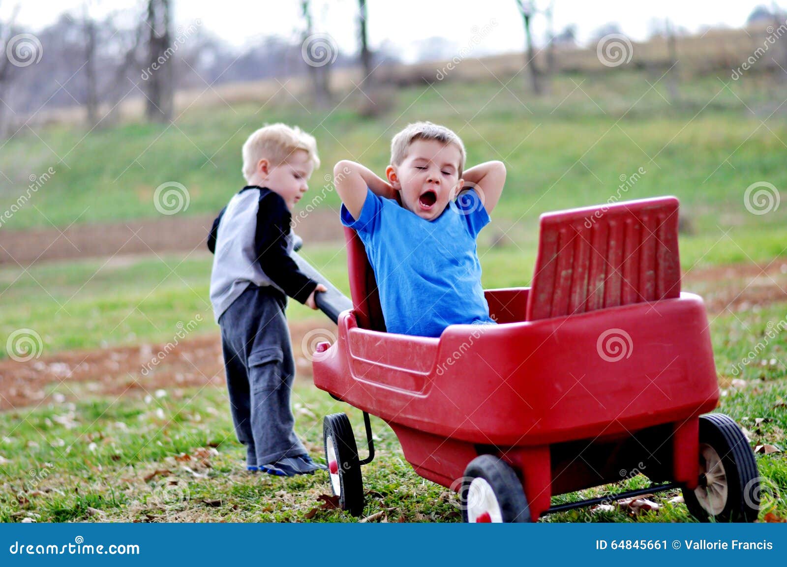Boy Pulling Brother in Red Wagon Stock Image - Image of tired, wagon ...