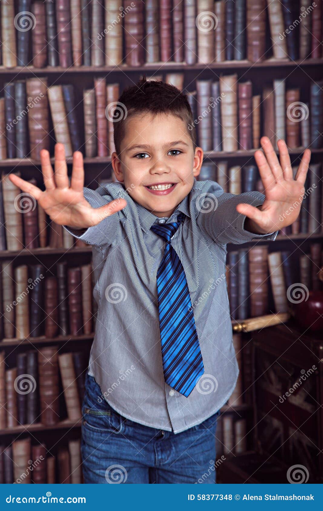 Boy Pulls His Hands and Shows Five Stock Photo - Image of grader ...