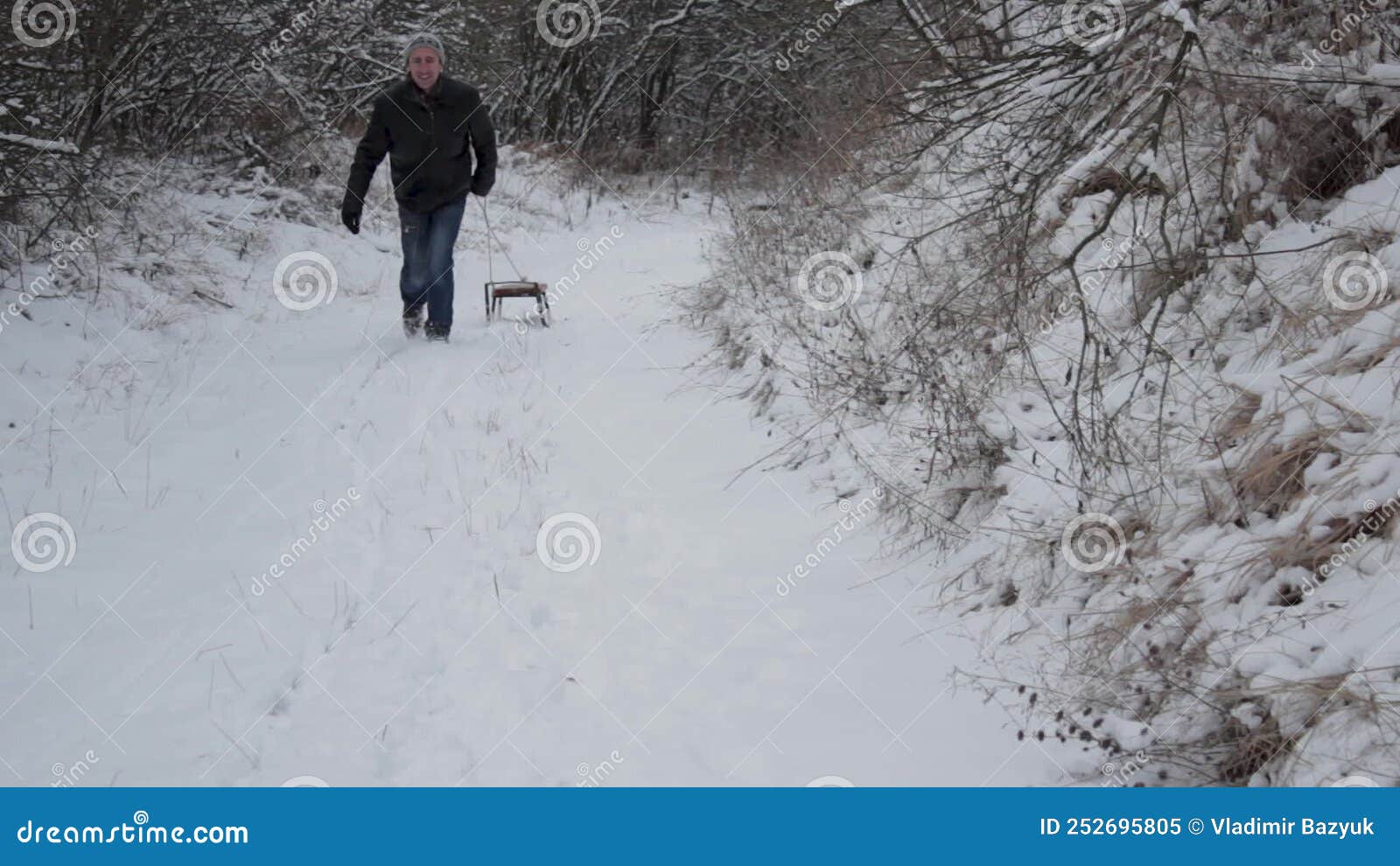 A man pulls an empty sled stock video. Video of rest - 252695805