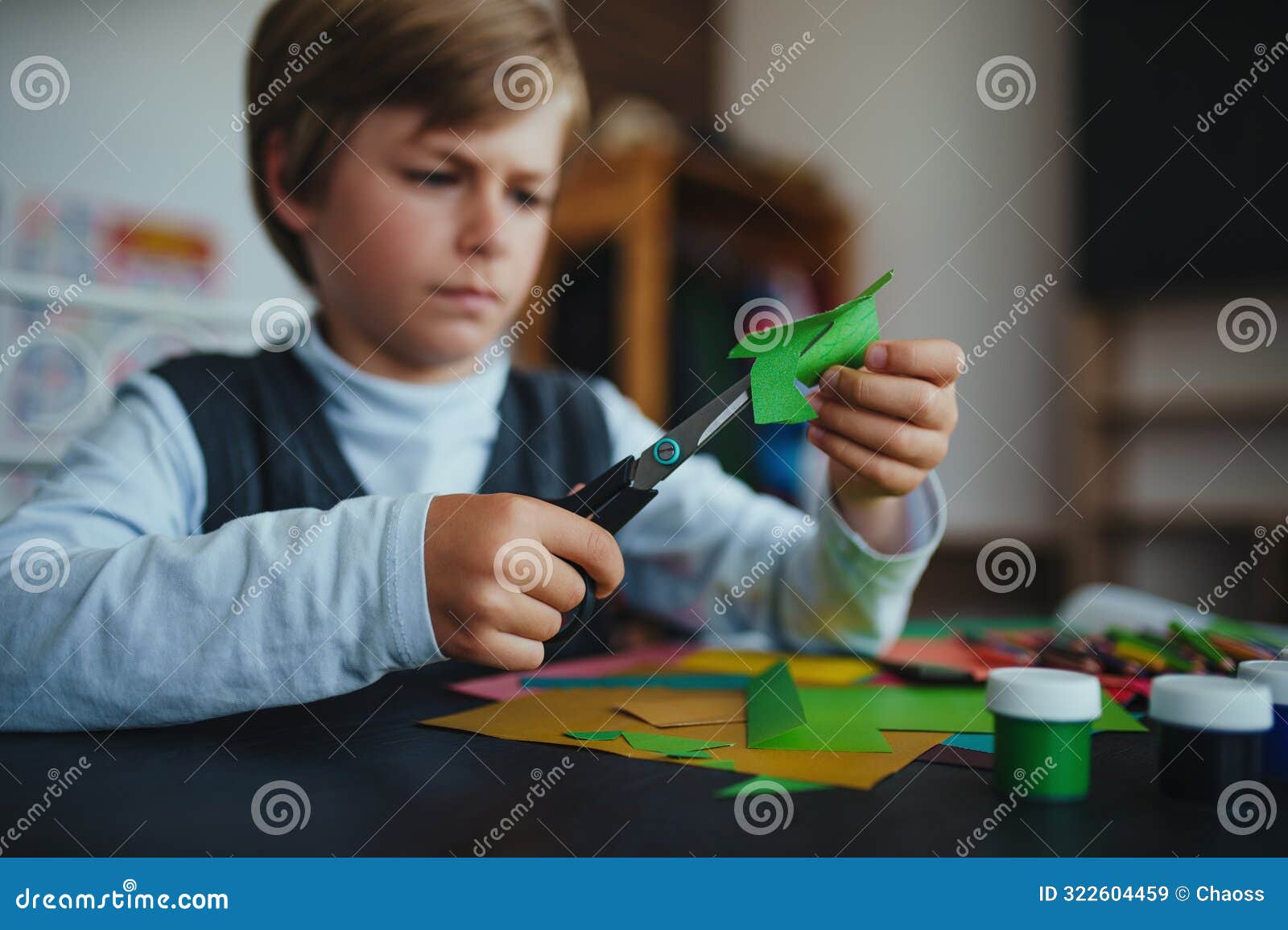 Boy Pupil Doing Paper Cut Lesson at Home Stock Image - Image of ...
