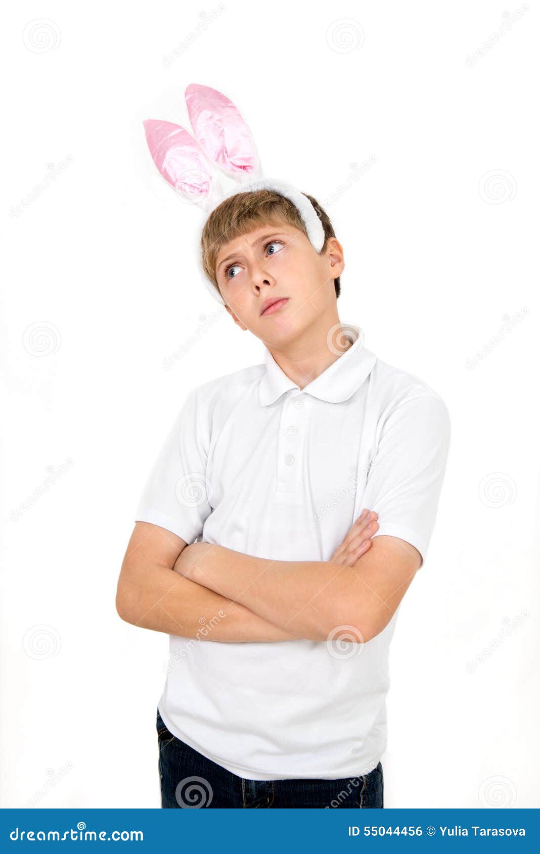 Boy with Rabbit Ears Makes Faces Stock Photo - Image of depression ...