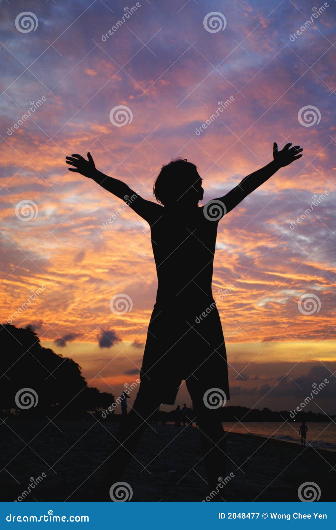 Boy raise arms to sunset stock image. Image of achieve - 2048477