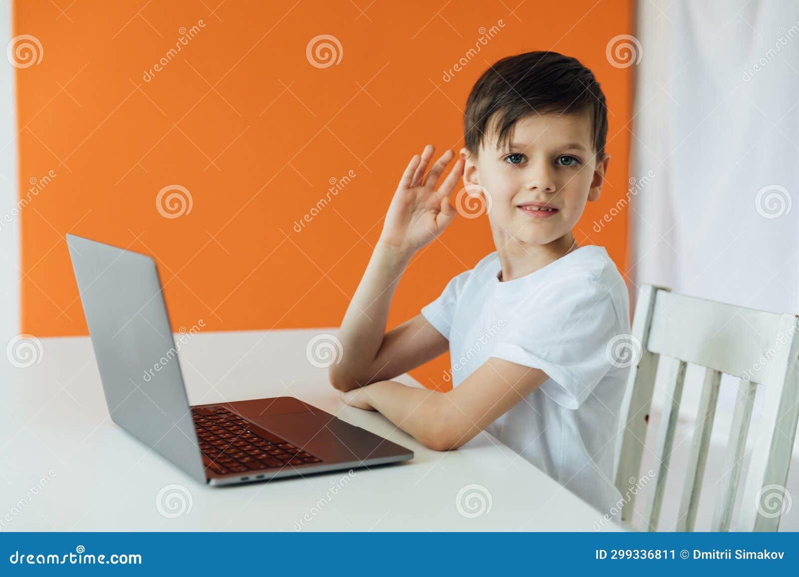 The Boy Raised His Hand in the Lesson at the Computer Student School ...