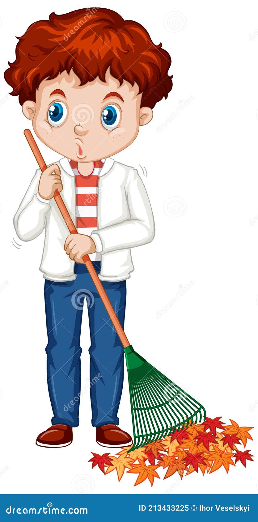 Boy Raking Leaves on White Background Stock Vector - Illustration of ...