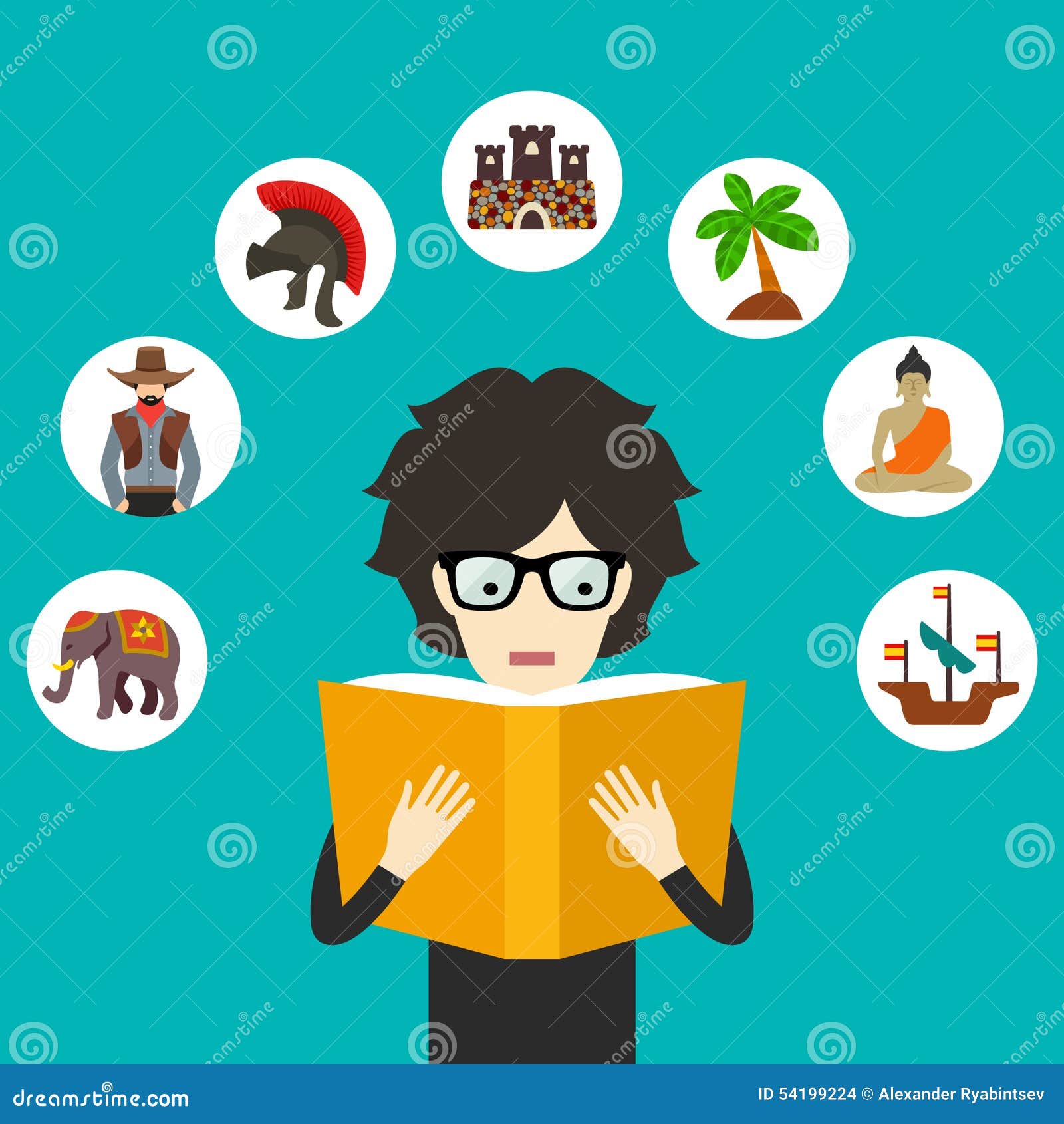 Boy Reading an Adventure Book. Vector Illustration Stock Vector ...