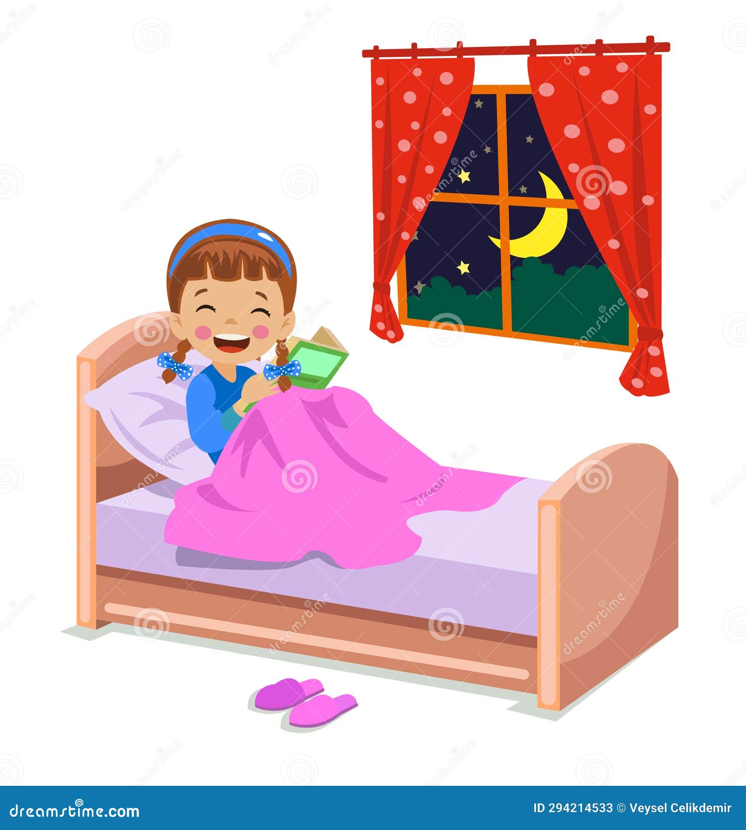 Boy reading a book in bed stock illustration. Illustration of fairy ...