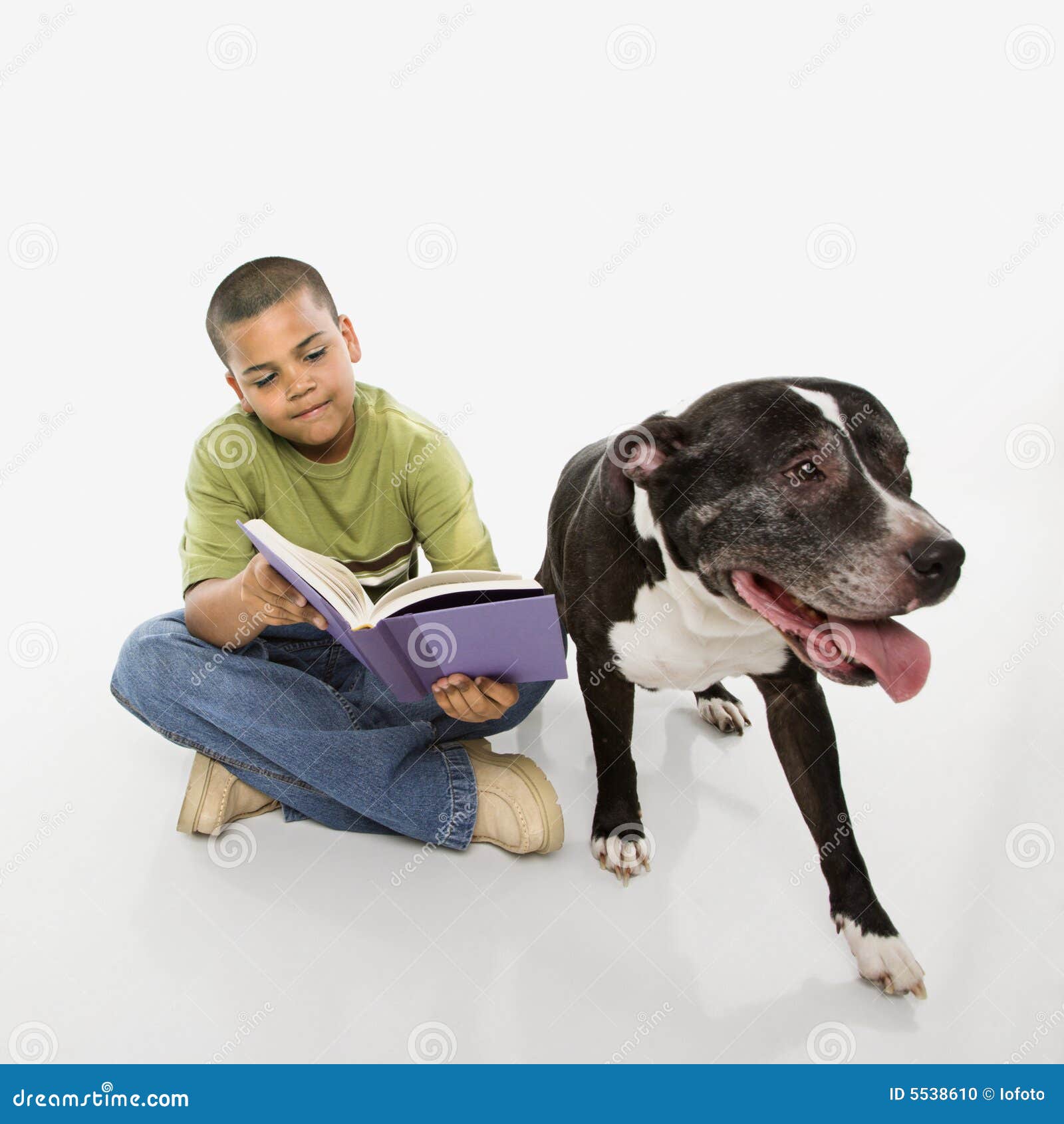Boy reading book with dog. stock photo. Image of 080523a0062 - 5538610