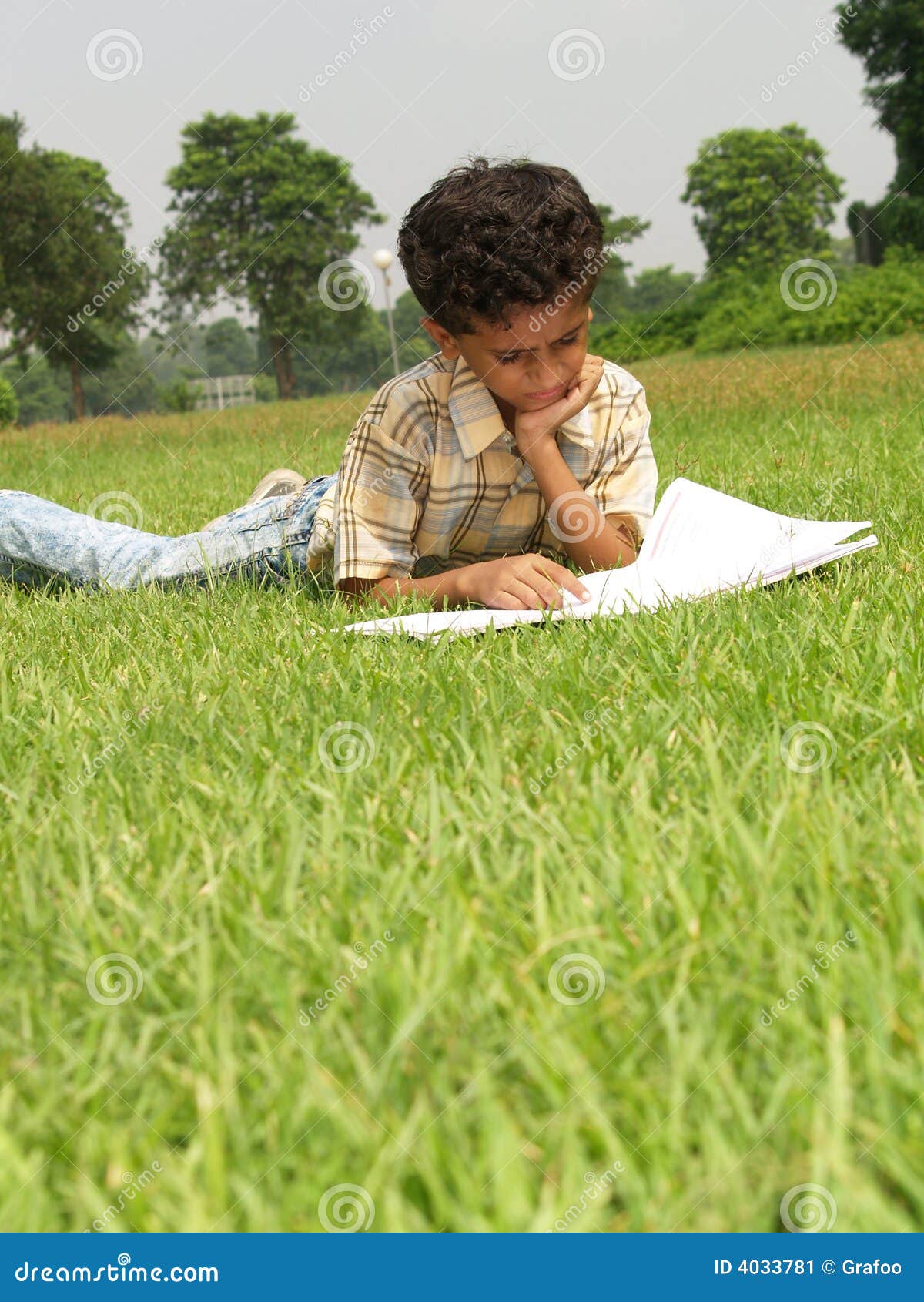 Boy reading book in grass stock image. Image of lying - 4033781