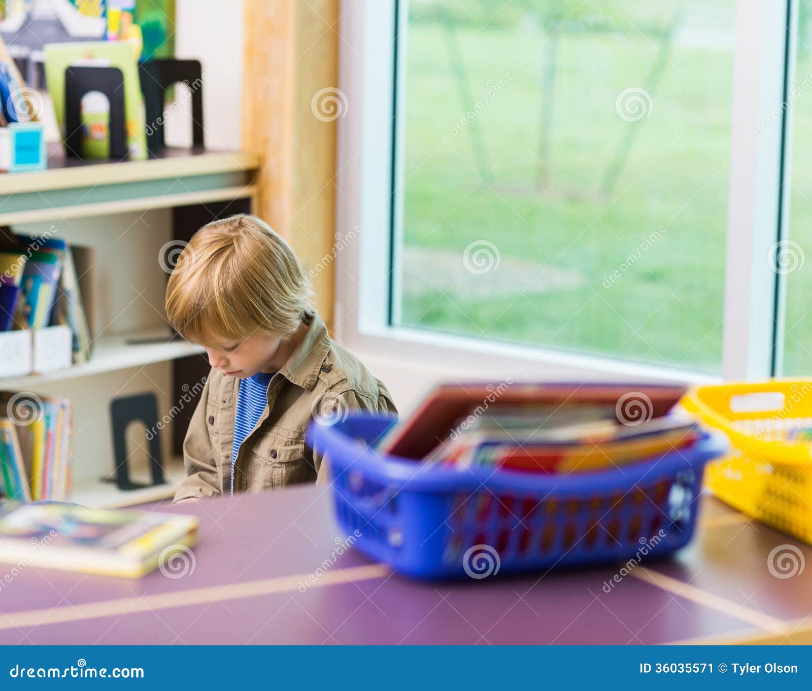 Boy Reading Book in Library Stock Image - Image of caucasian, knowledge ...
