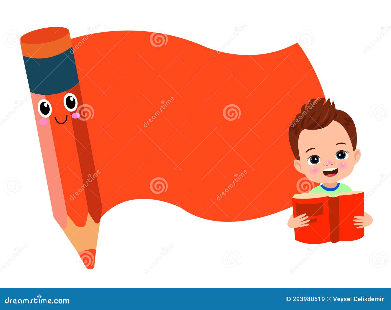A Boy is Reading a Book with a Pencil and a Sign that Says Happy Stock ...