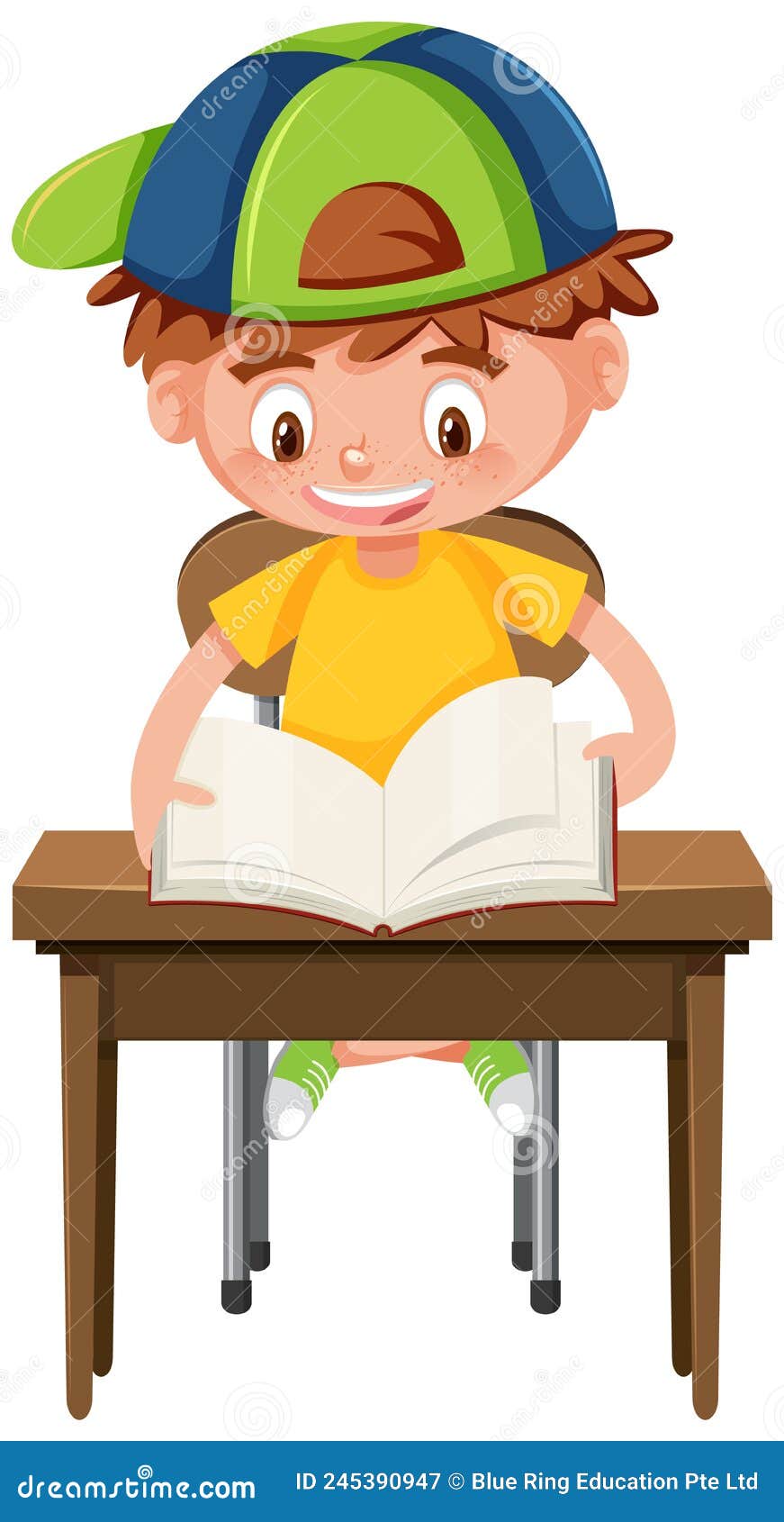 Boy Reading Book on School Desk Stock Vector - Illustration of cartoon ...