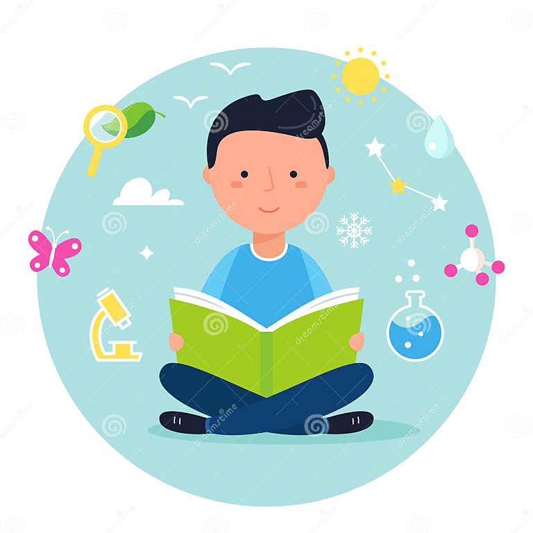 Boy Reading a Book on Science or Nature Study. Modern Vector ...