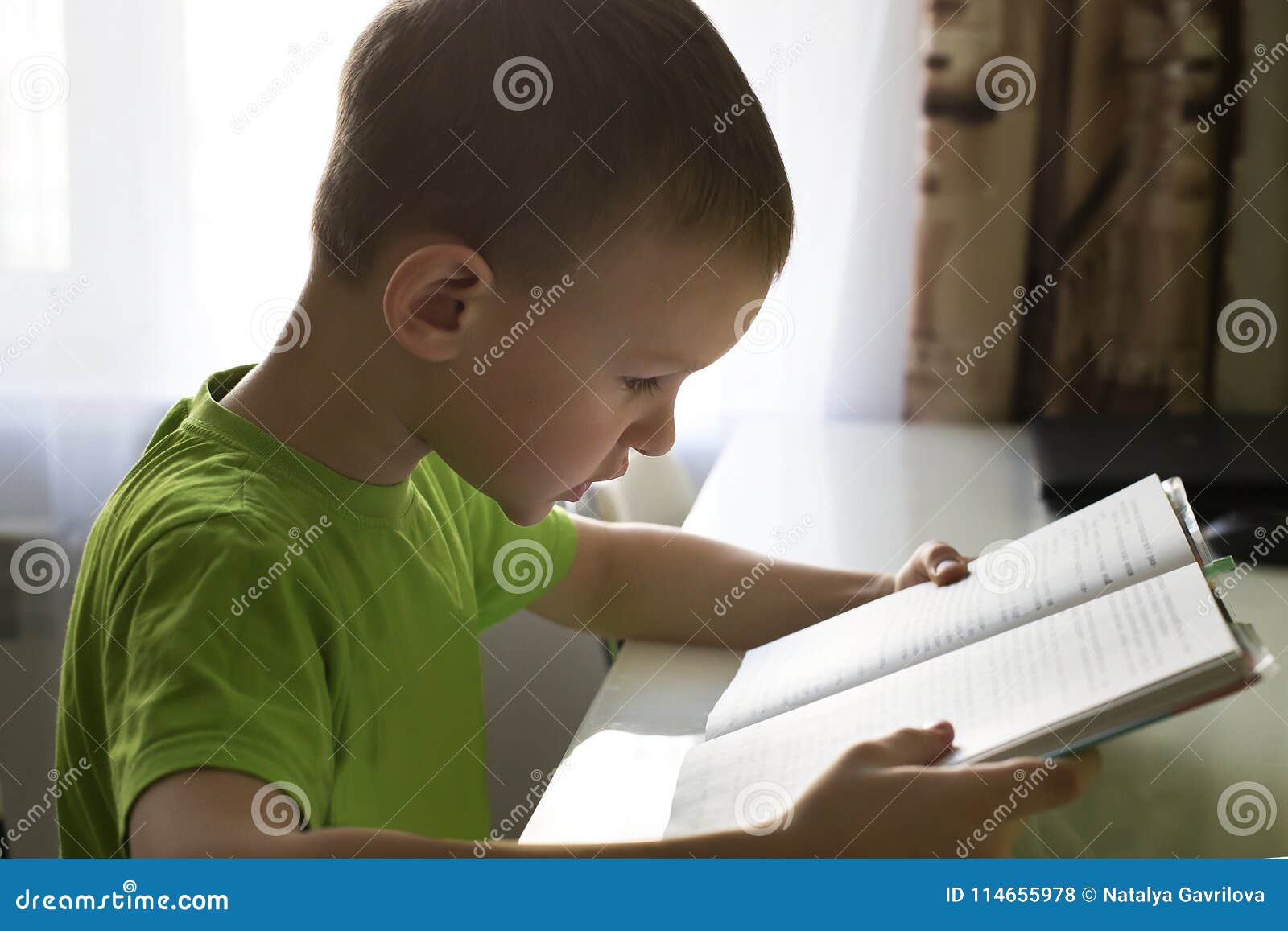 Boy Reading a Book Sitting at the Table Stock Photo - Image of ...