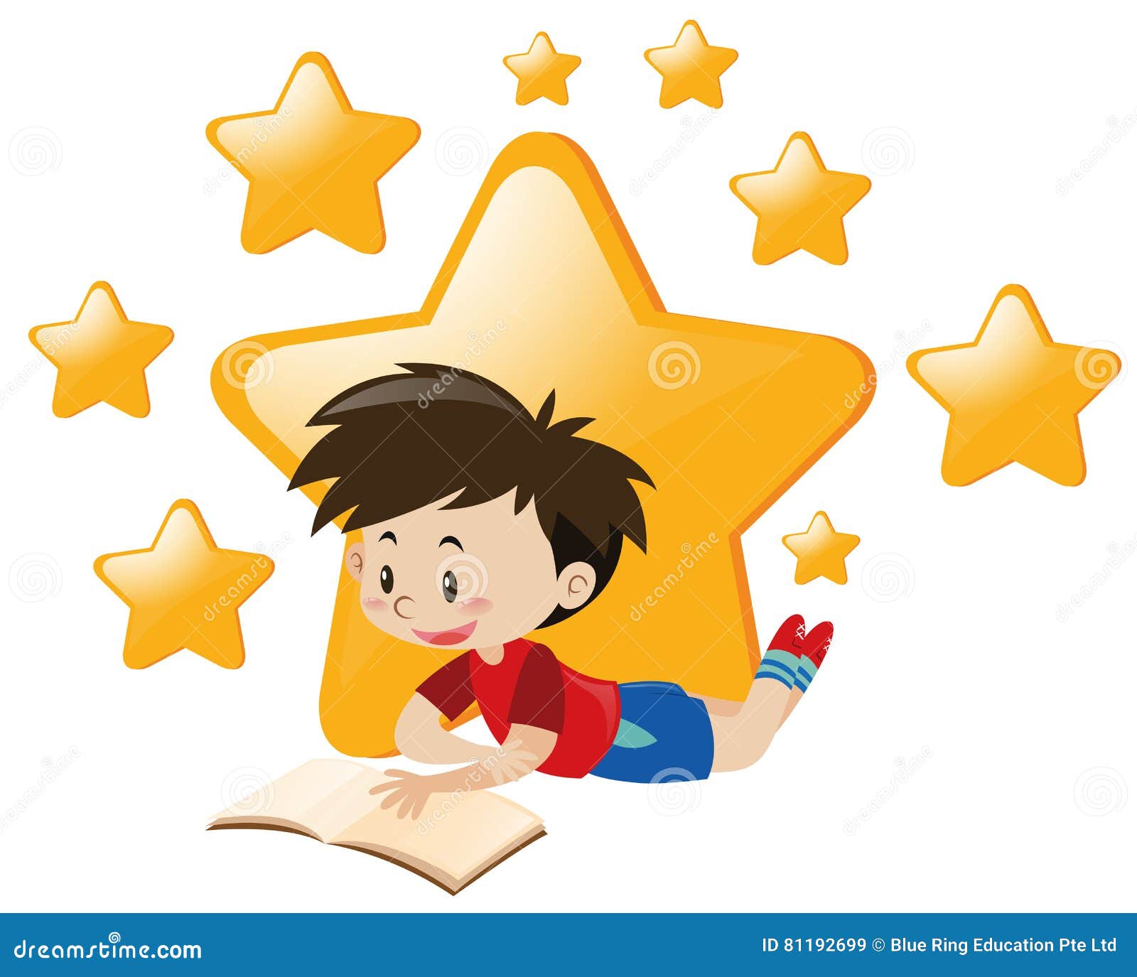 Boy Reading Book with Stars Background Stock Illustration ...