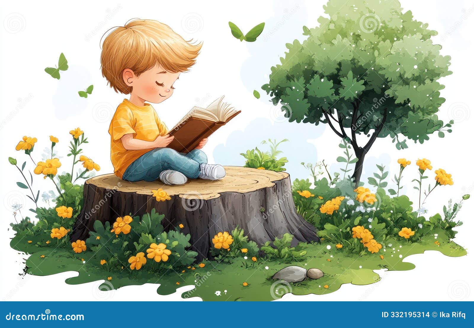 Boy Reading Book on Tree Stump Illustration Stock Illustration ...