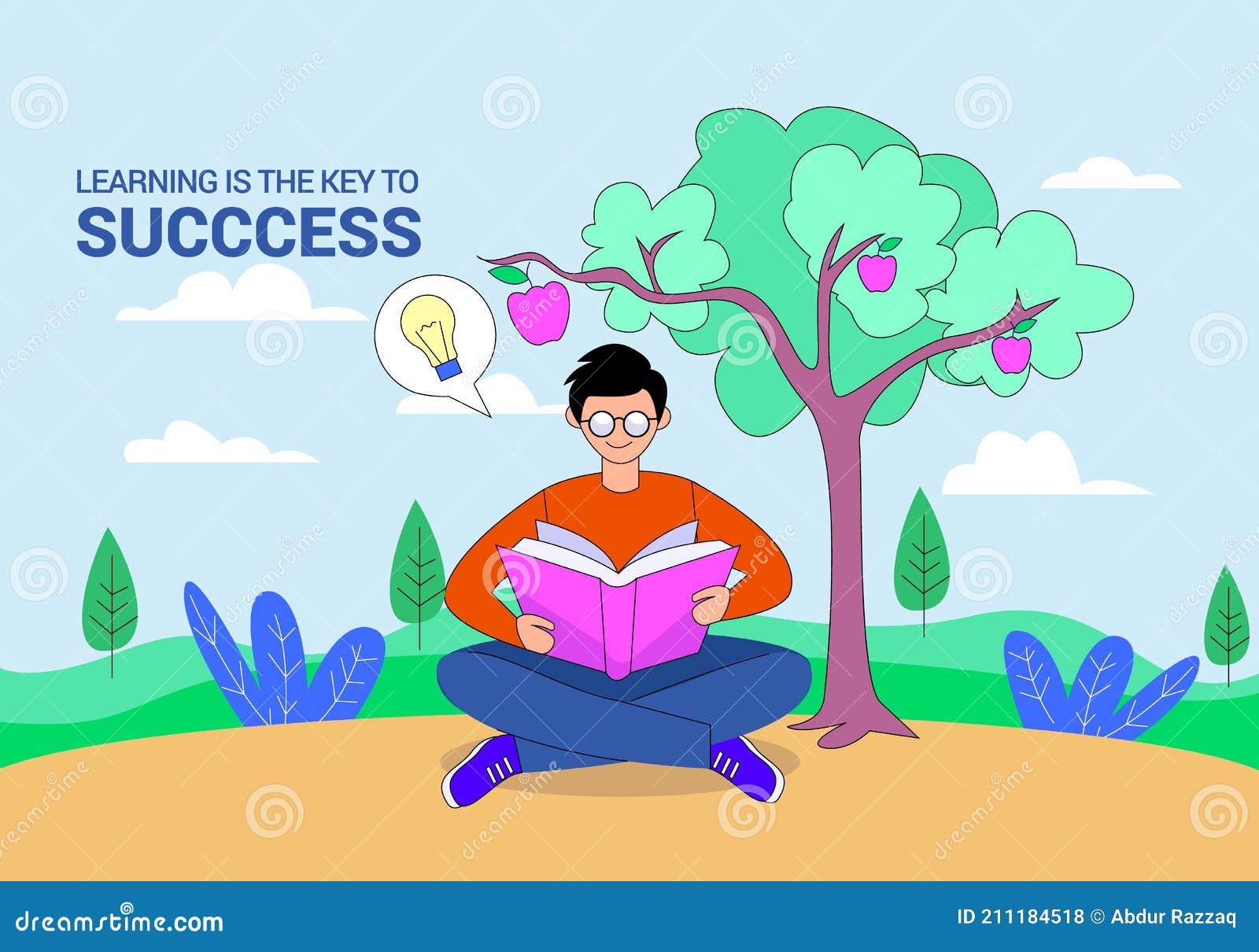 Boy Reading Book Under Apple Tree Illustration Concept Vector Stock ...