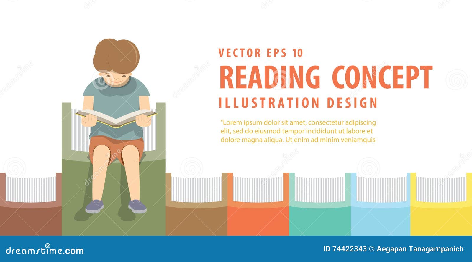 Boy Reading On The Books In A Row White Background Illustration Stock ...