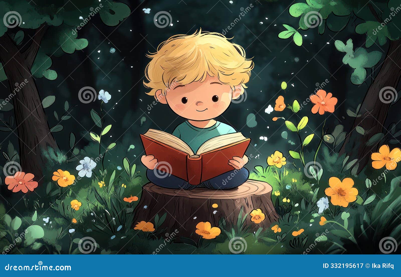 Boy Reading in the Forest Illustration Stock Illustration ...